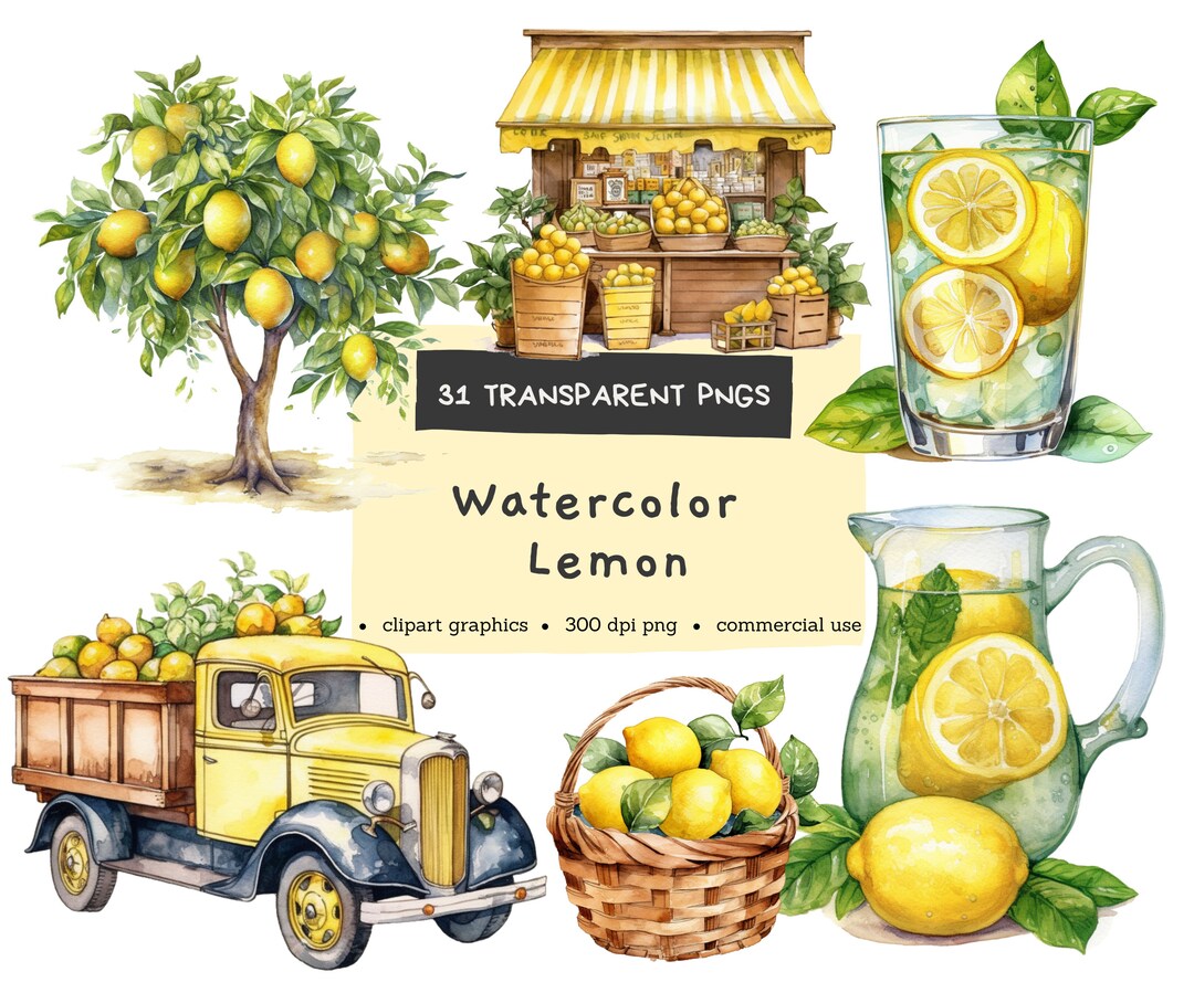 Lemon Watercolor Clipart, Lemon Truck Clipart, Scrapbook, Digital ...