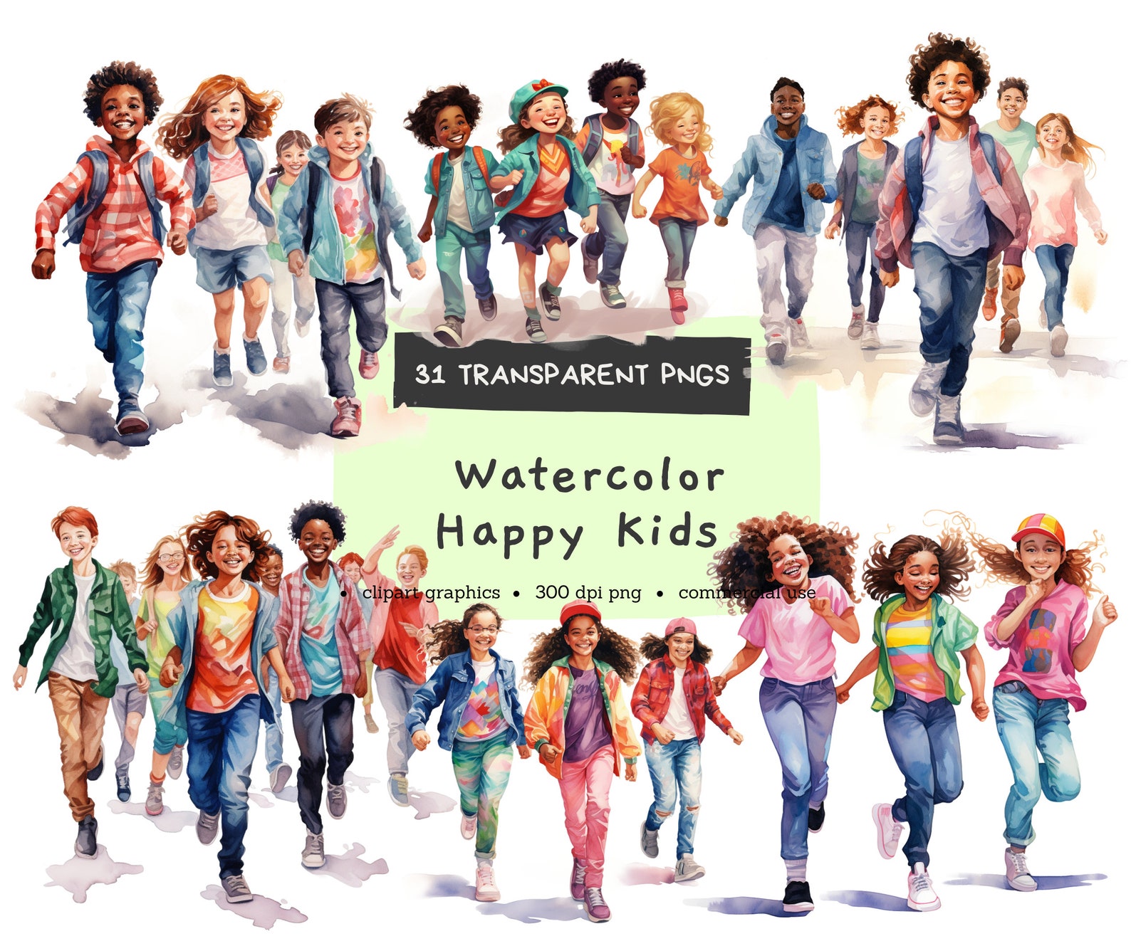Happy Kids Clipart, Painted Boys and Girls, Children, Digital Pintables ...