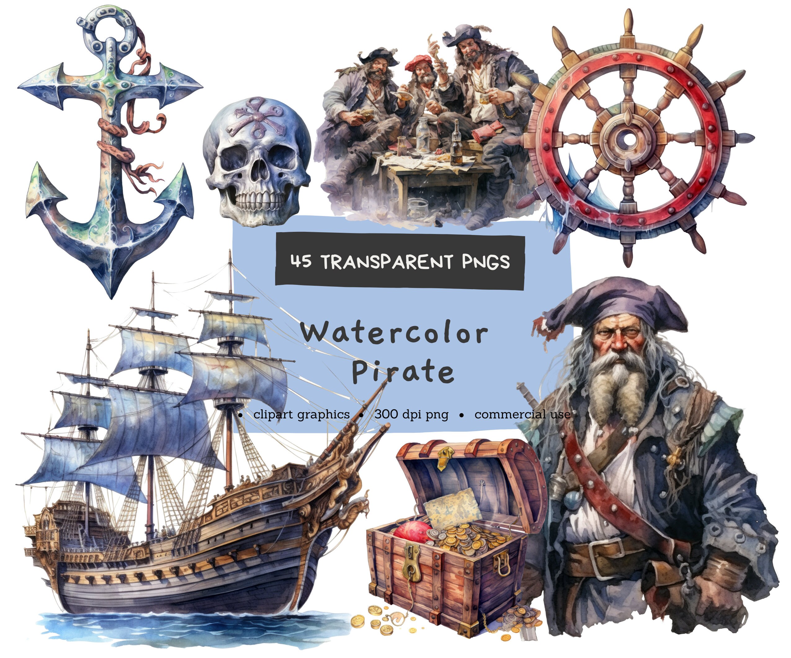 Pirate Clipart Watercolor, Treasure Island, Pirate Skull, Digital ...