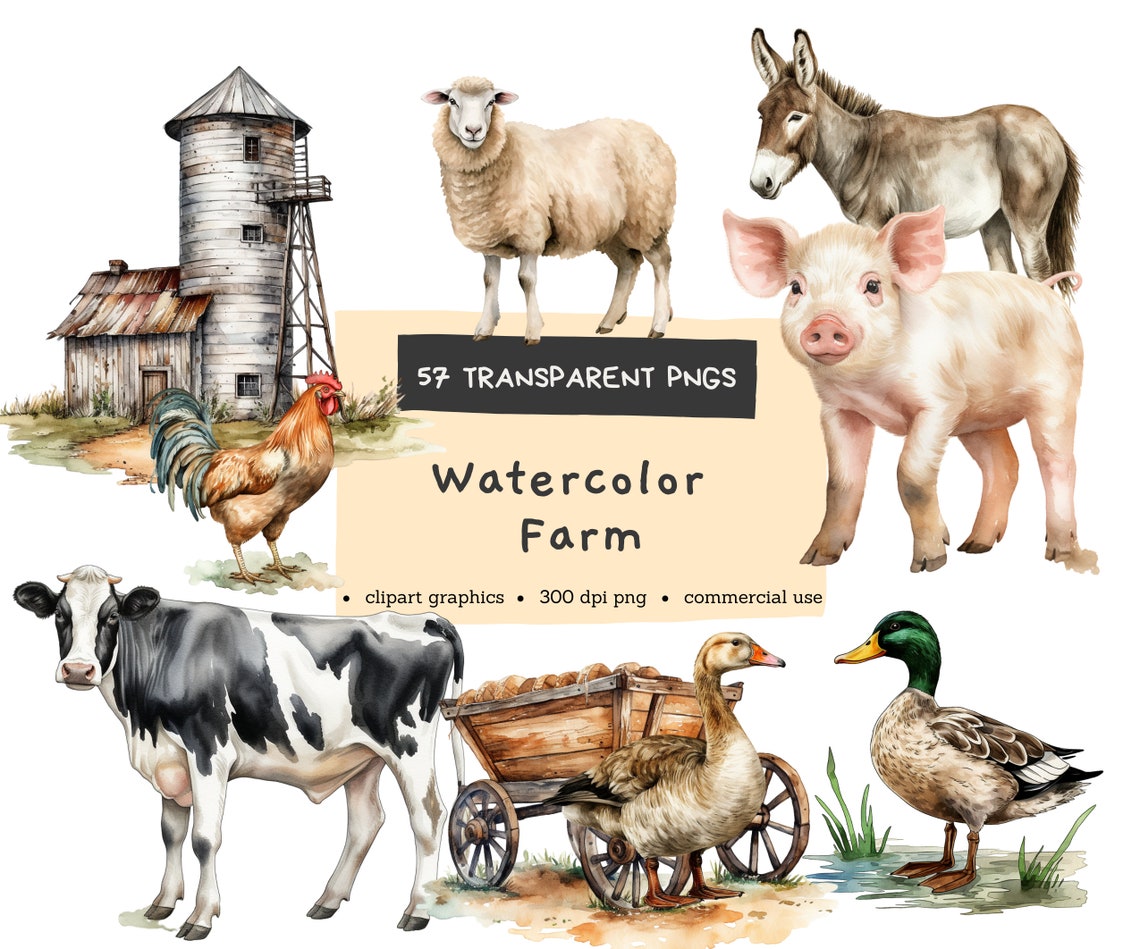 Farm Animals Rabbit Donkey Chicks Cow Pig Duck Digital - Etsy