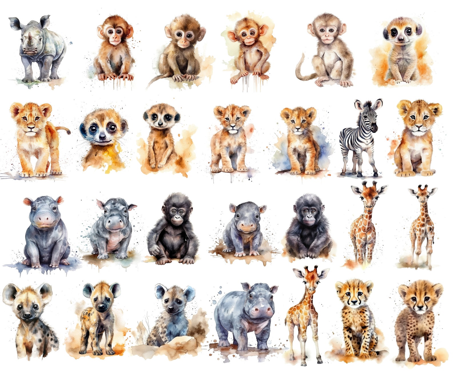 Safari Baby Animals Watercolor Clipart Nursery Cute Digital - Etsy