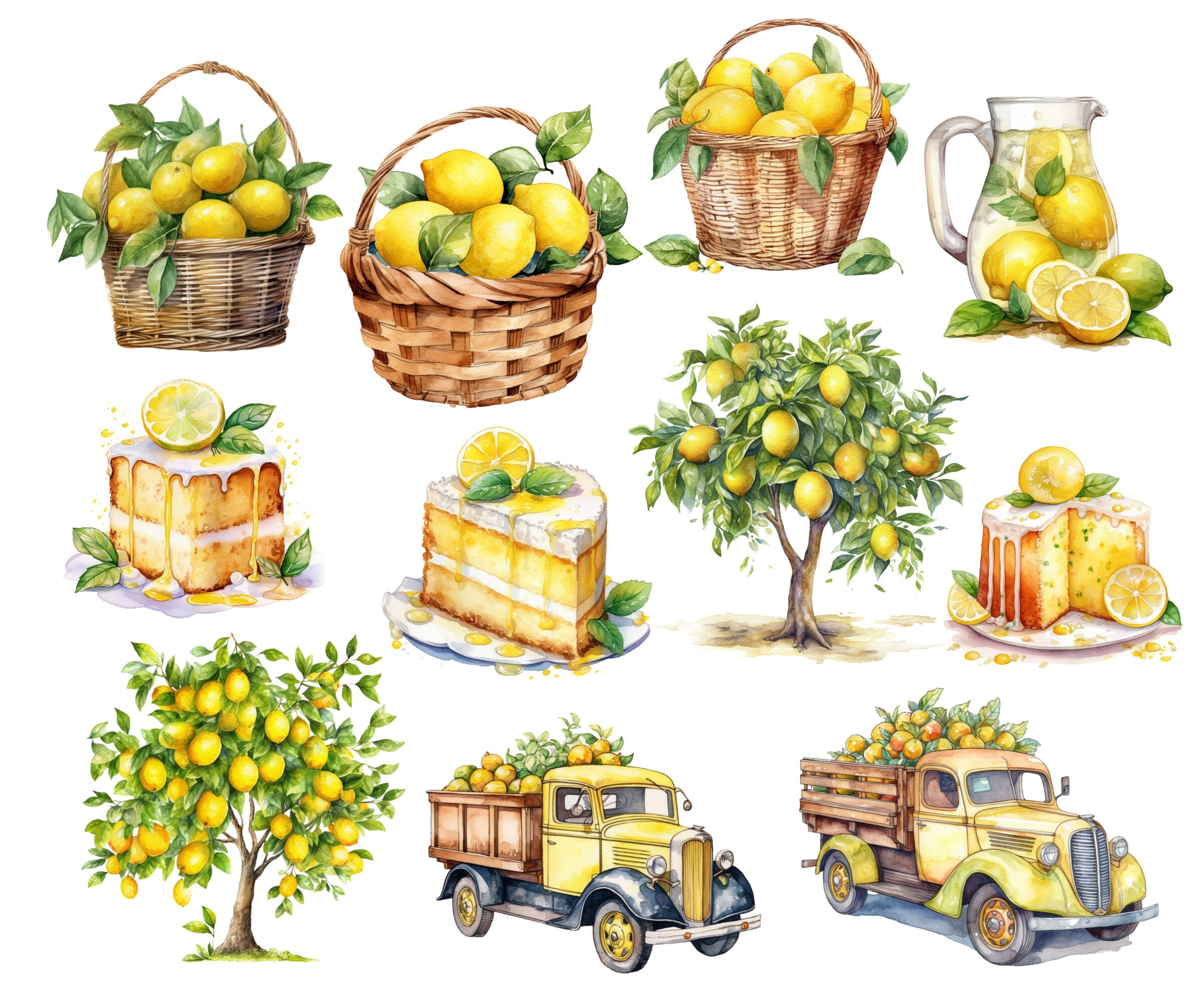 Lemon Watercolor Clipart, Lemon Truck Clipart, Scrapbook, Digital ...