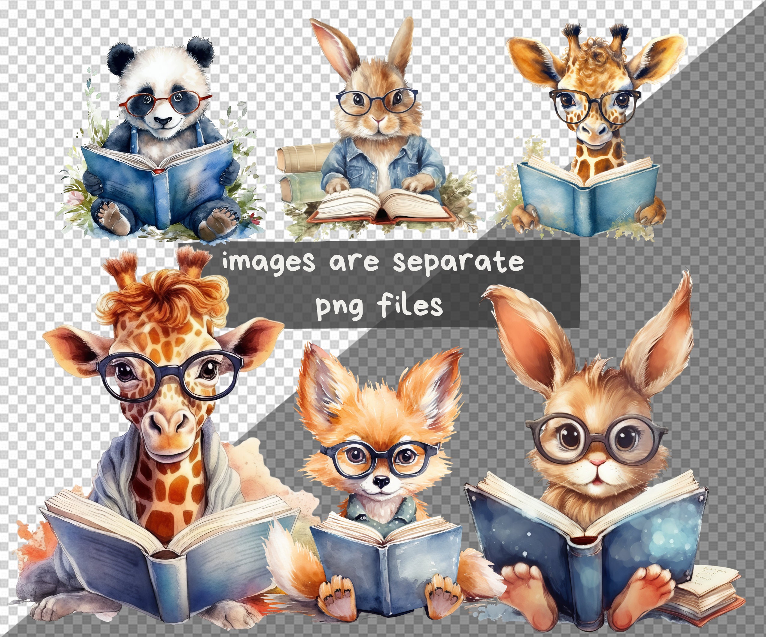 Reading Animals Clip Art, Booklover Animals, Nursery, Digital Pintables ...