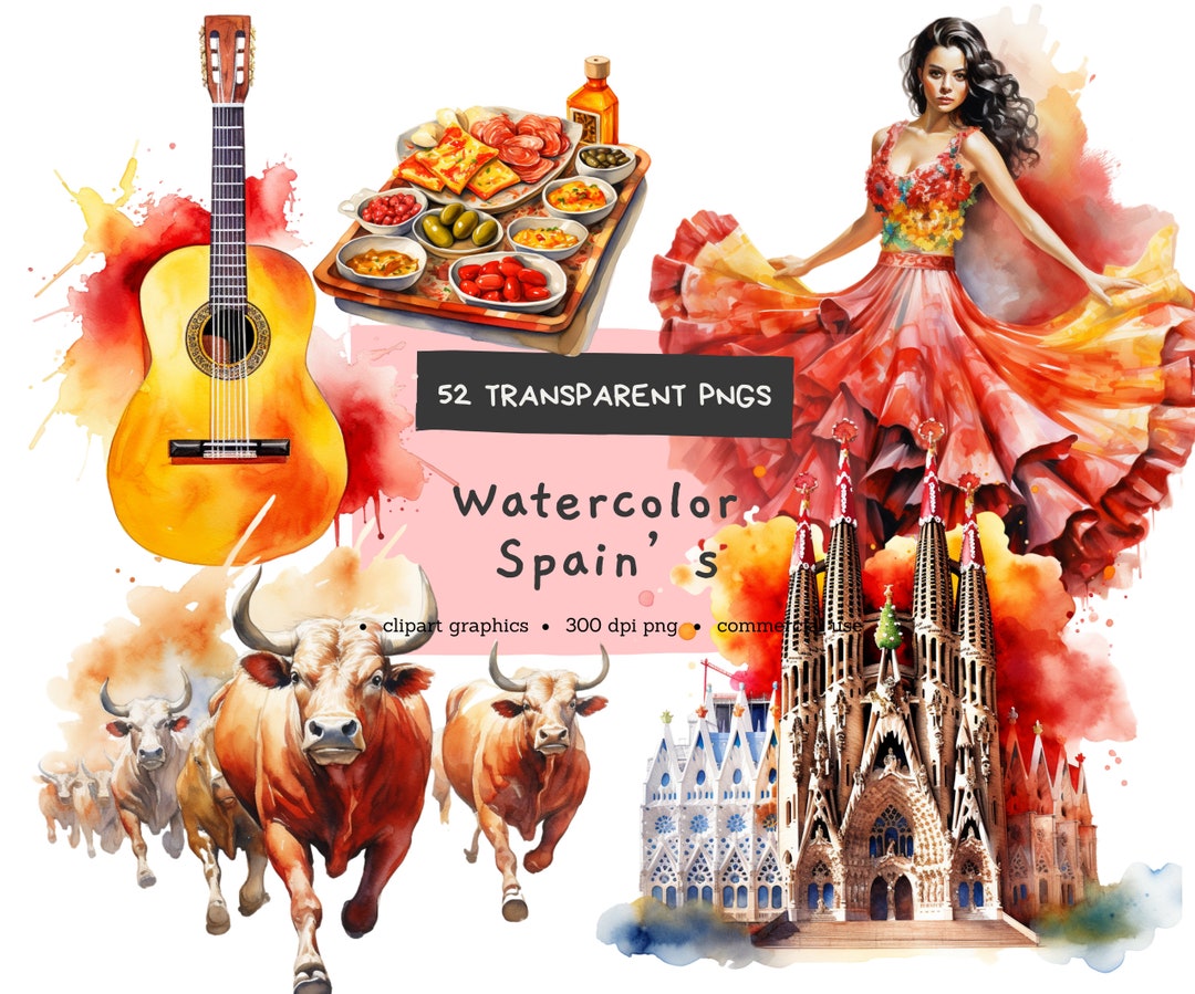 Spain Watercolor Clipart Bundle, Spanish Travel Art (PNG, Digital ...