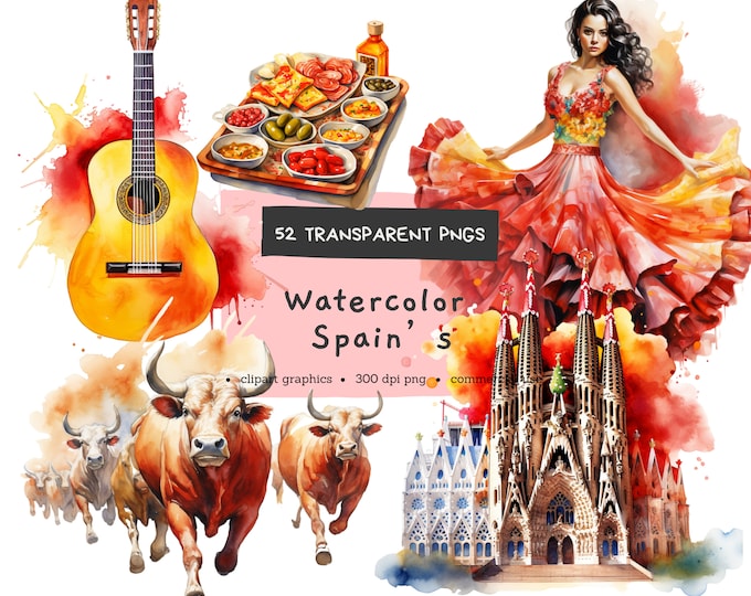 Spain Clipart, Spanish Clipart Set, Spain Watercolor Illustration ...