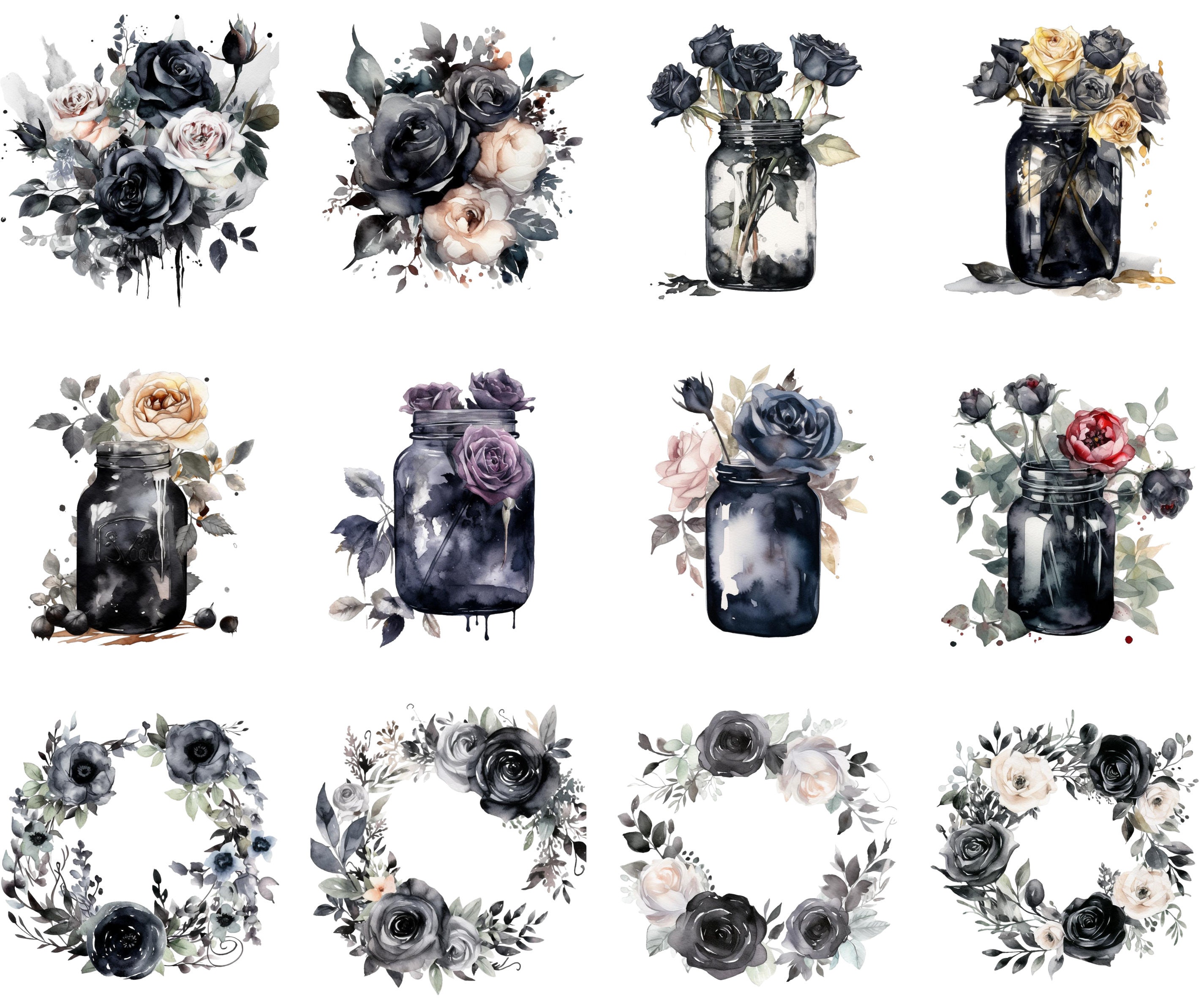 38 Watercolor Floral Black Roses Clipart Fall Flowers Floral - Etsy