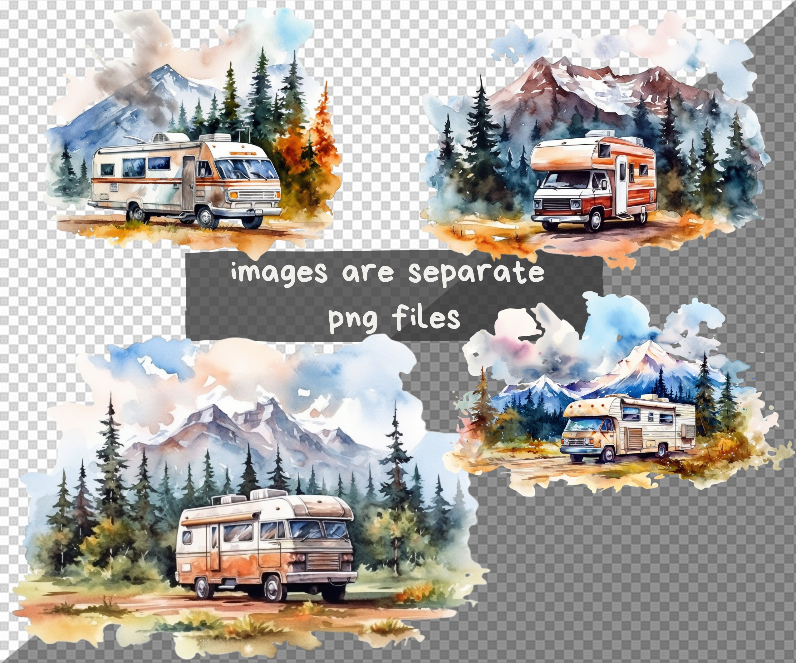 Watercolor Camper Van & Mountain Clipart, Boho Campervan, Digital ...