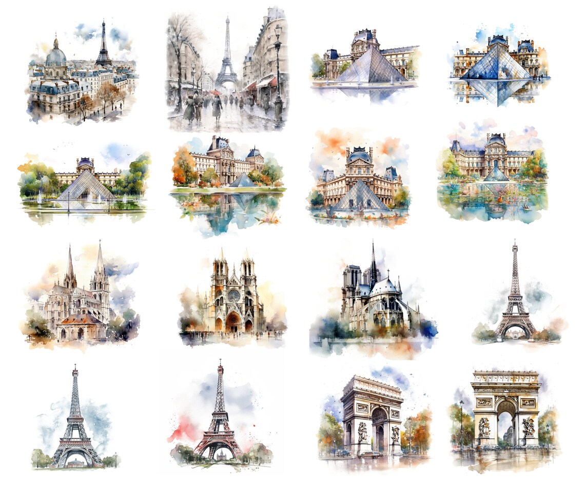 Paris Clipart Scrapbooking Png Watercolour, Digital Pintables, Bundle ...