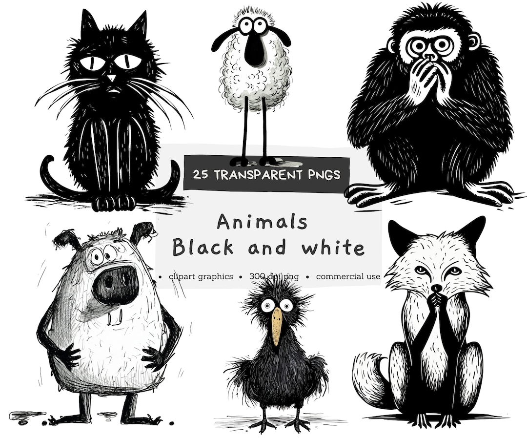 Hand Drawn Animal Doodles Clipart, Black and White PNG (digital ...