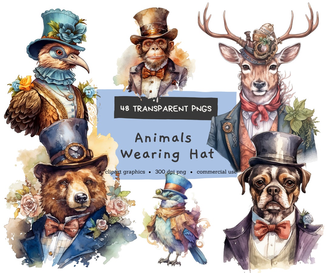 Animals in Hats Watercolour Clipart, Digital Pintables, Bundle ...