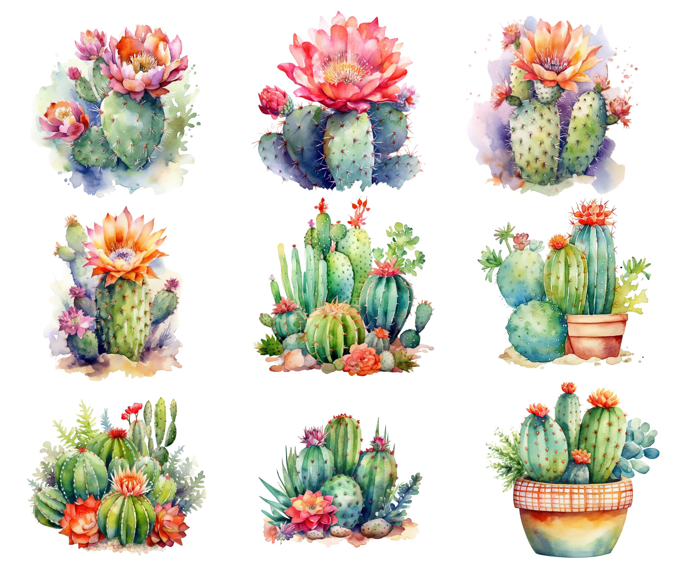 Watercolor Cactus Clipart, Succulent, Digital Pintables, Summer, Bundle ...
