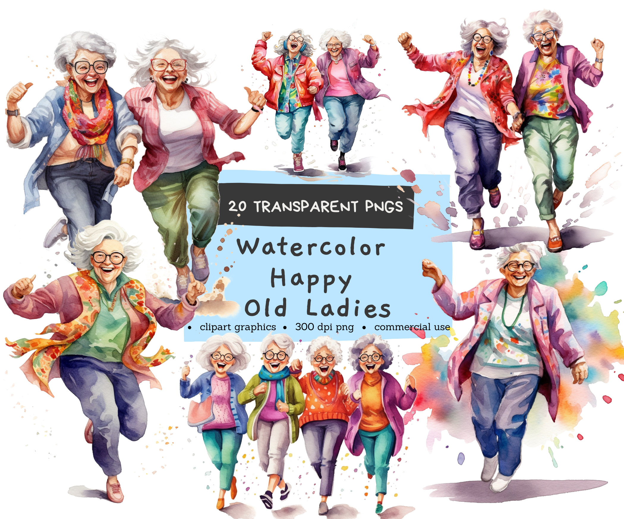 Watercolor Funny Old Ladies Clipart women Dancing Digital - Etsy