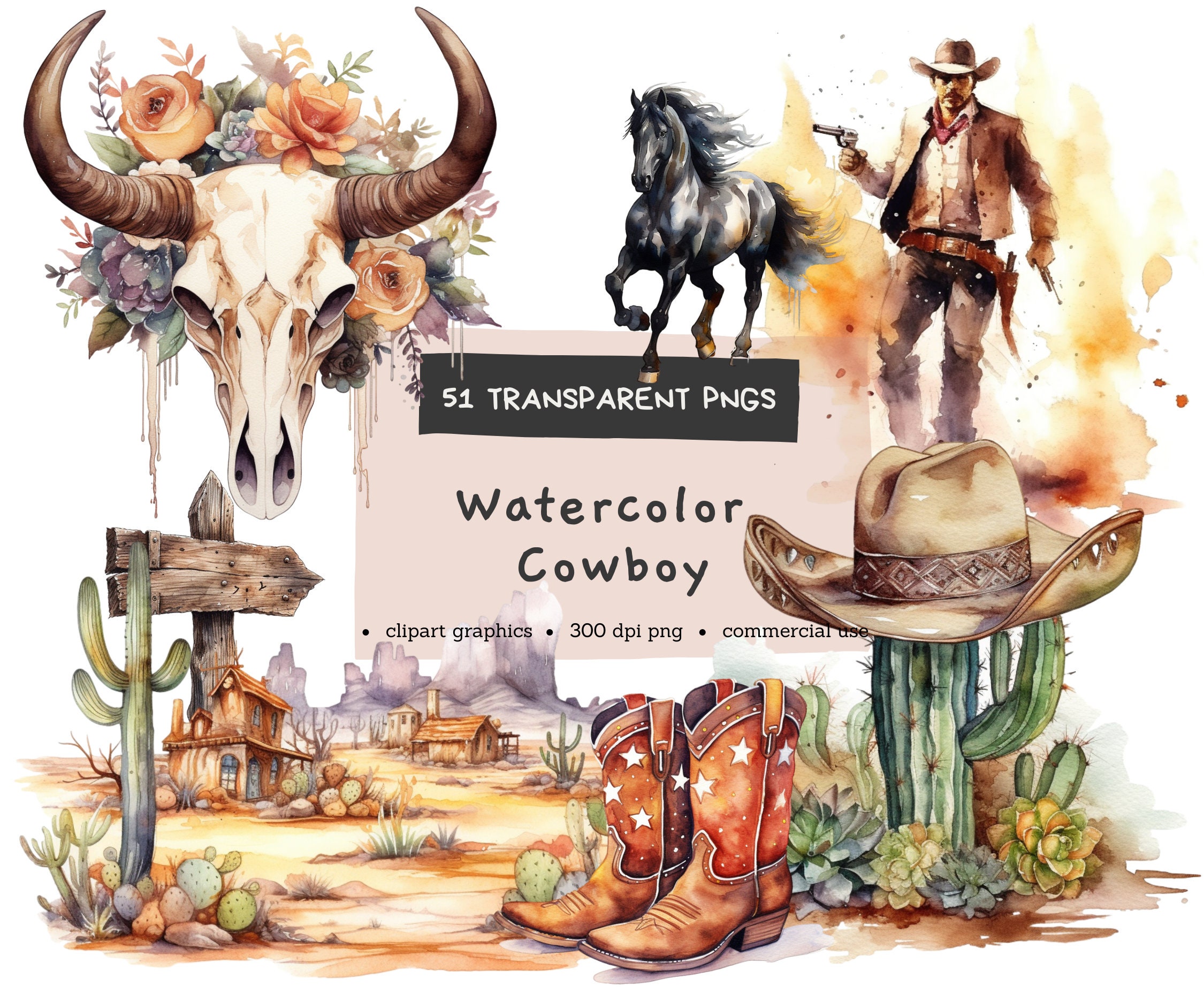 Watercolor Western Clipart, Texas Cowboy Ranch, Digital Pintables ...