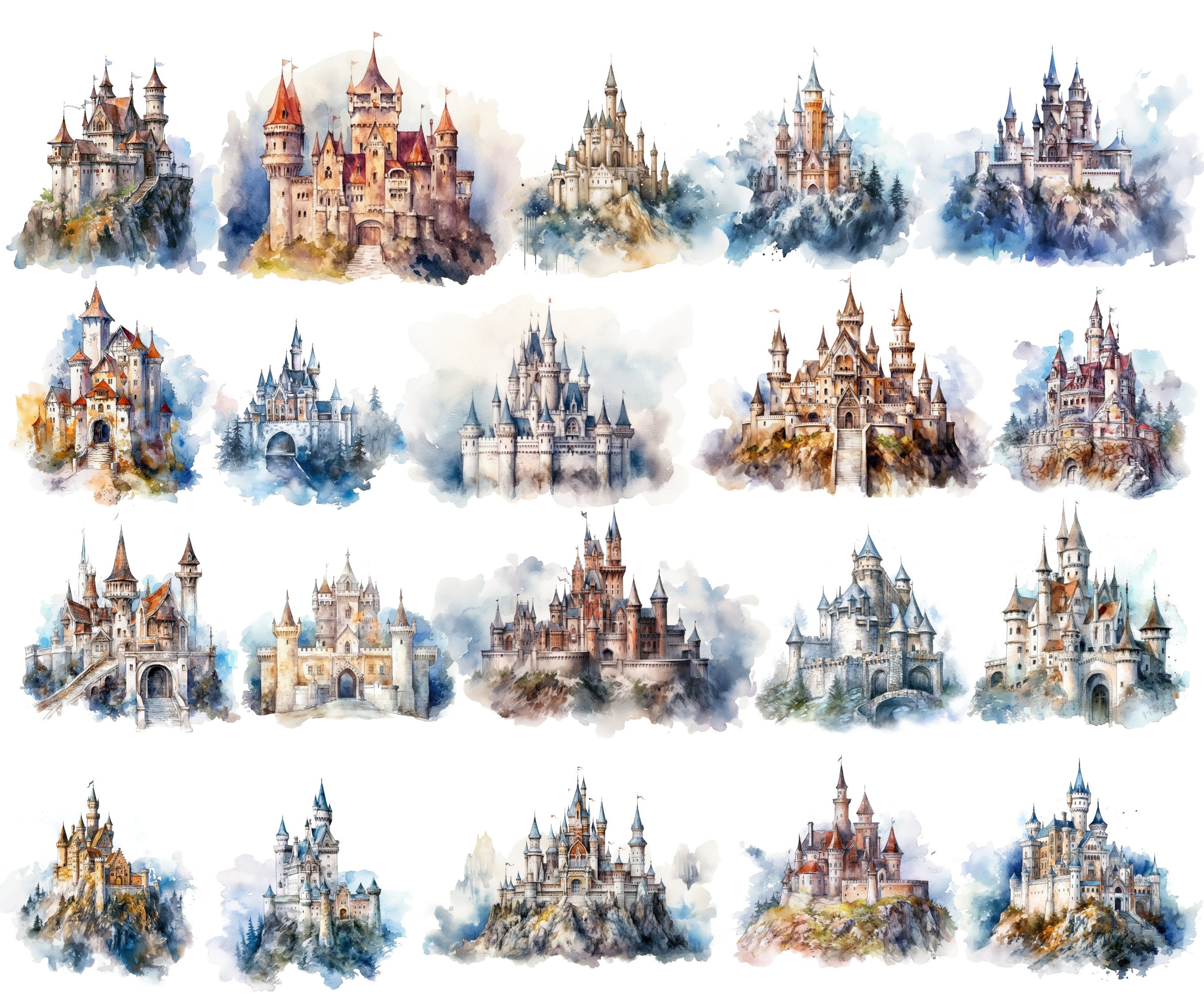 Fantasy Castles Watercolor Clipart Bundle, Fairytale, Digital Pintables ...