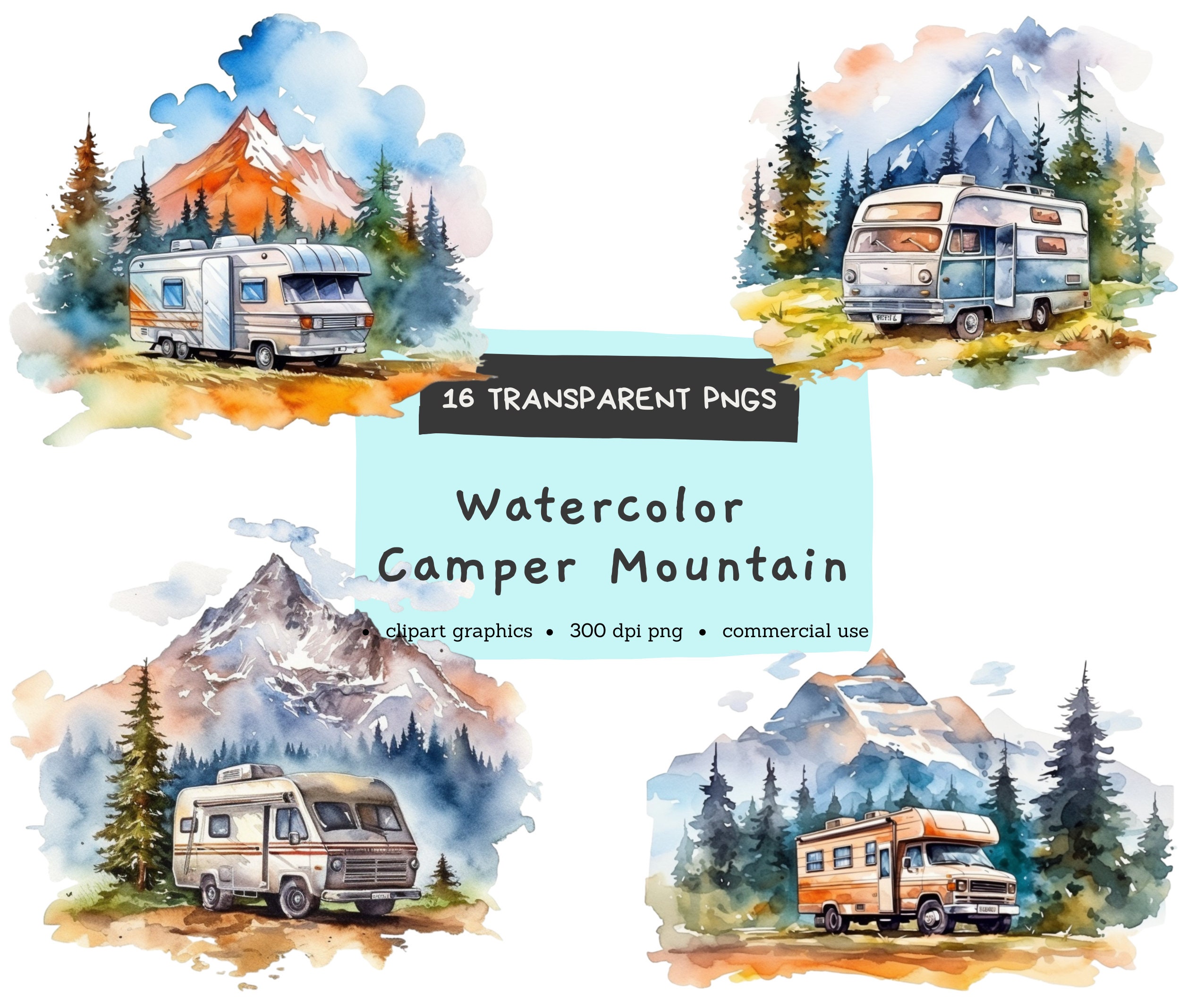 Watercolor Camper Van & Mountain Clipart, Boho Campervan, Digital ...