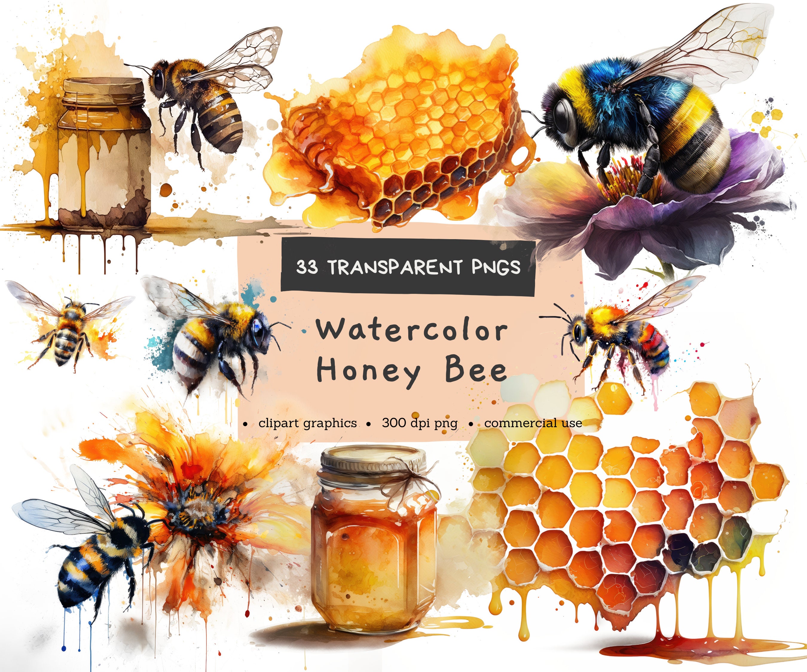 Watercolor Honey Bee Clipart Bundle Illustration Honey Bees - Etsy