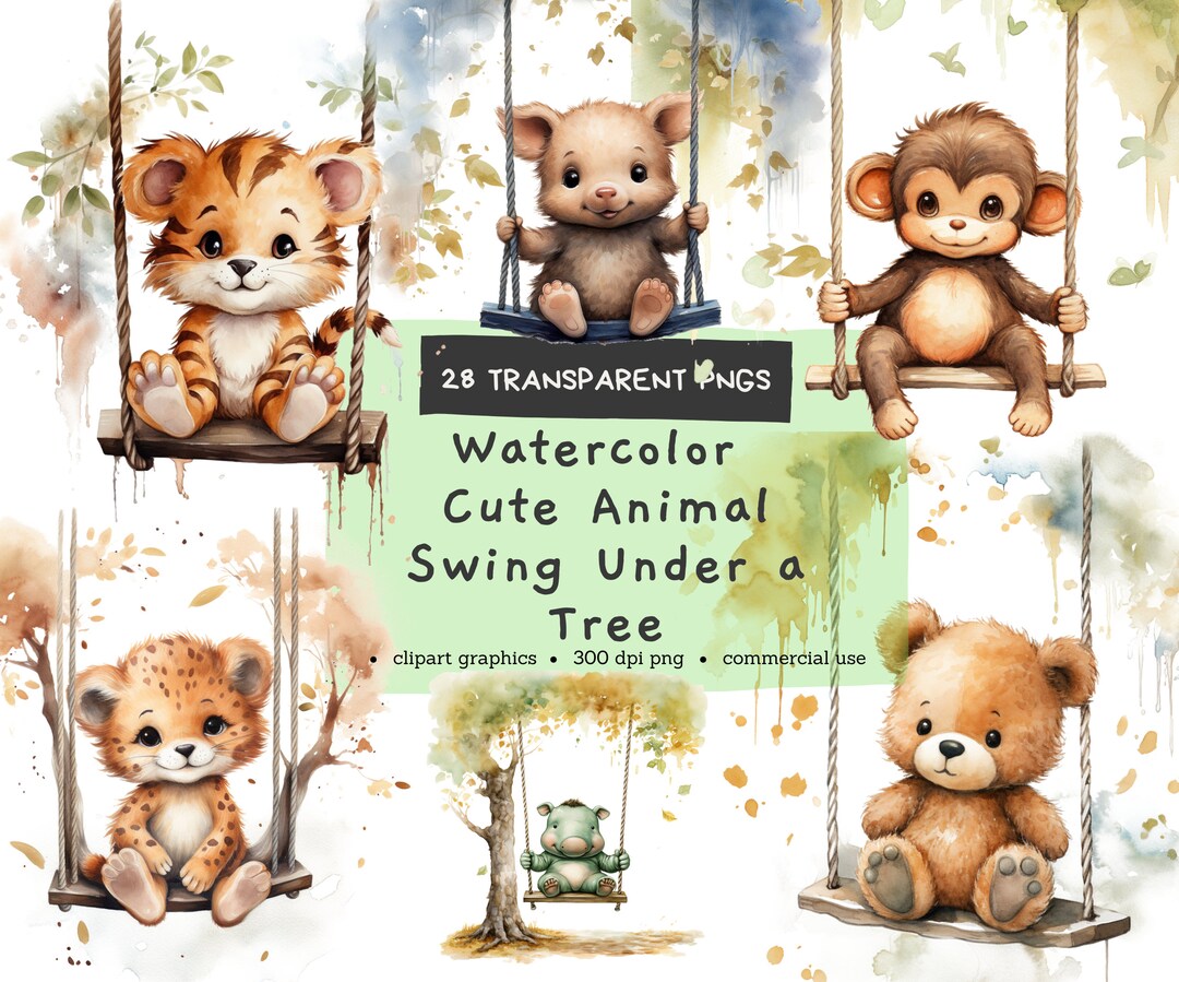 Cute Animal on Swing Beneath Tree, Swing Nursery, Garden, Digital ...