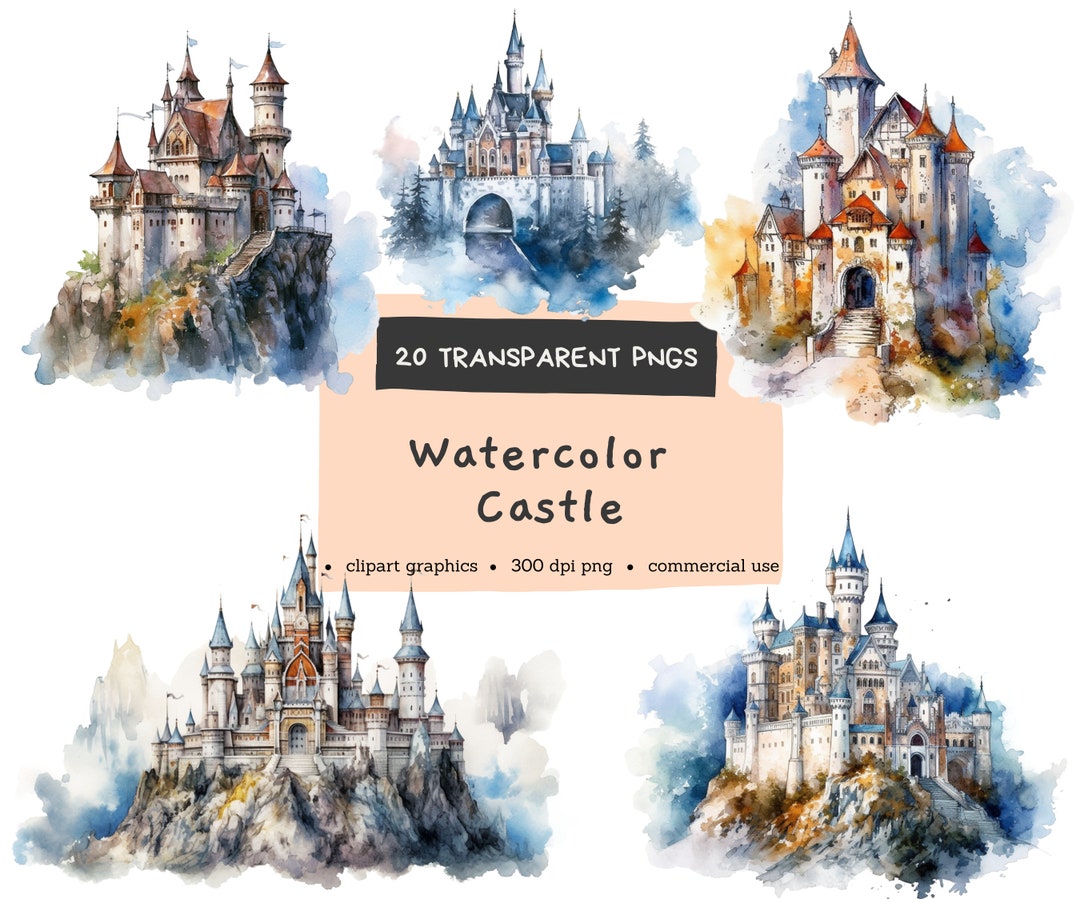 Fantasy Castles Watercolor Clipart Bundle, Fairytale, Digital Pintables ...
