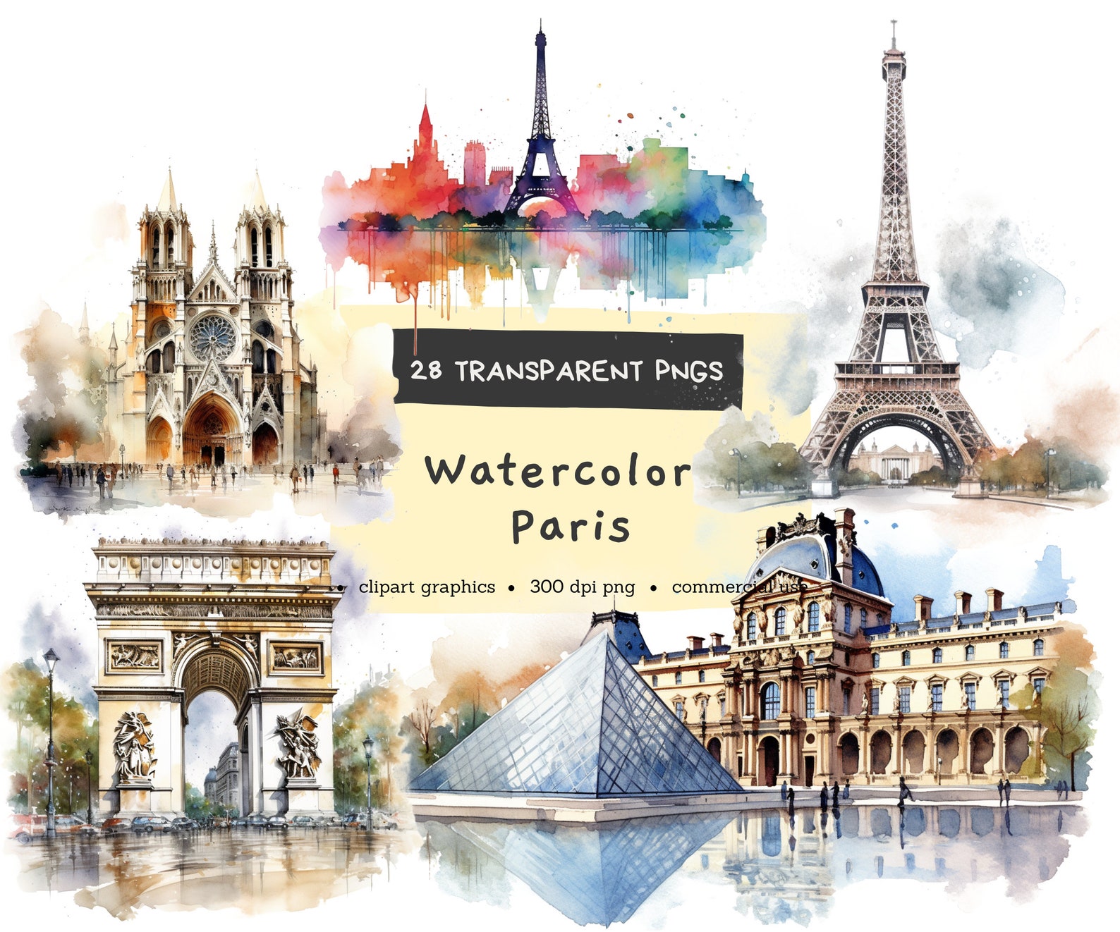 Paris Clipart Scrapbooking Png Watercolour, Digital Pintables, Bundle ...