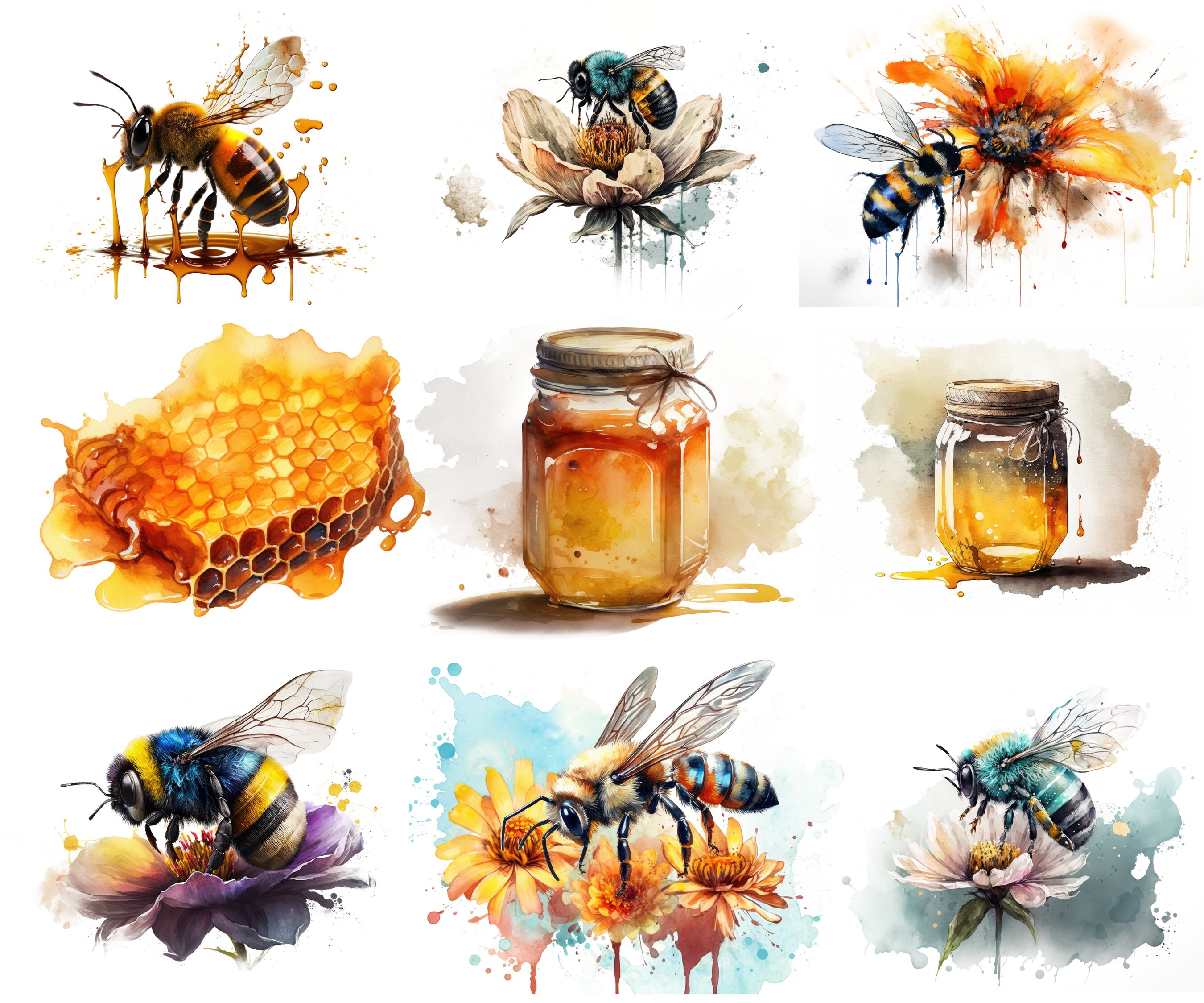 Watercolor Honey Bee Clipart Bundle Illustration Honey Bees - Etsy