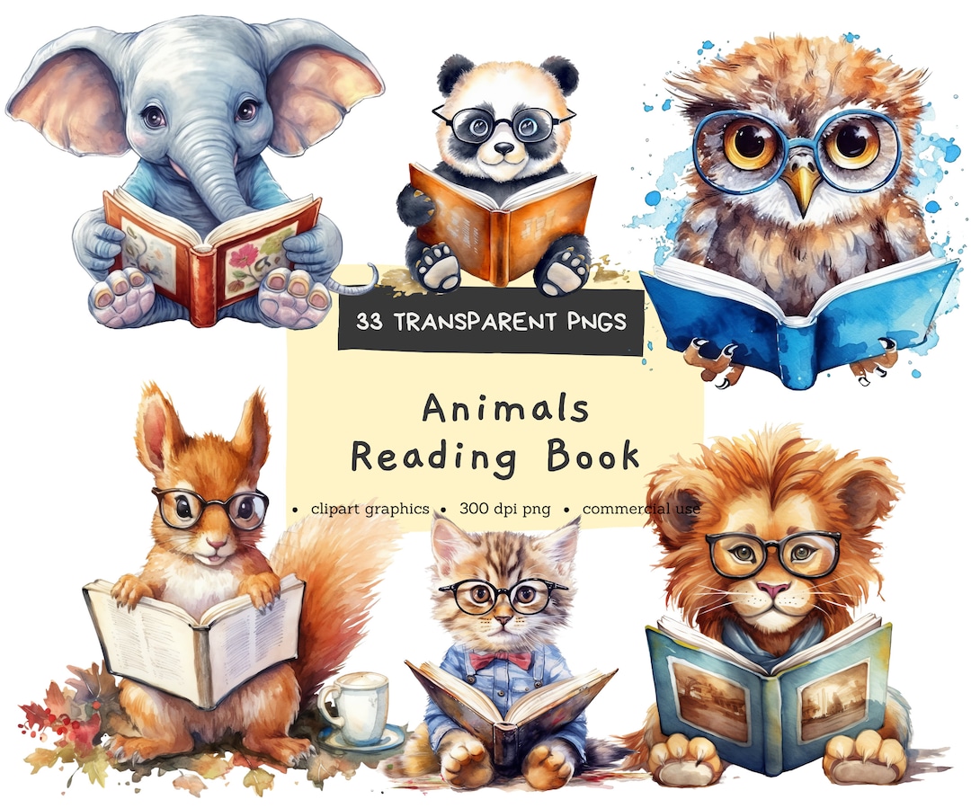 Reading Animals Clip Art, Booklover Animals, Nursery, Digital Pintables ...