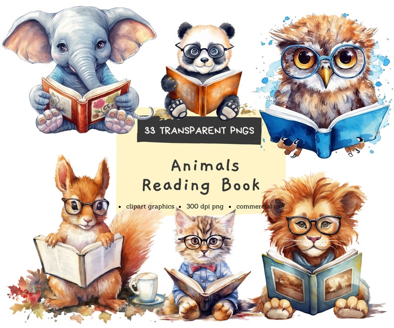 Reading Animals Clip Art, Booklover Animals, Nursery, Digital Pintables ...