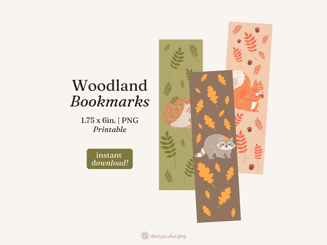 Woodland Bookmarks Printable Forest Animals Autumn Leaves Bookworm for ...