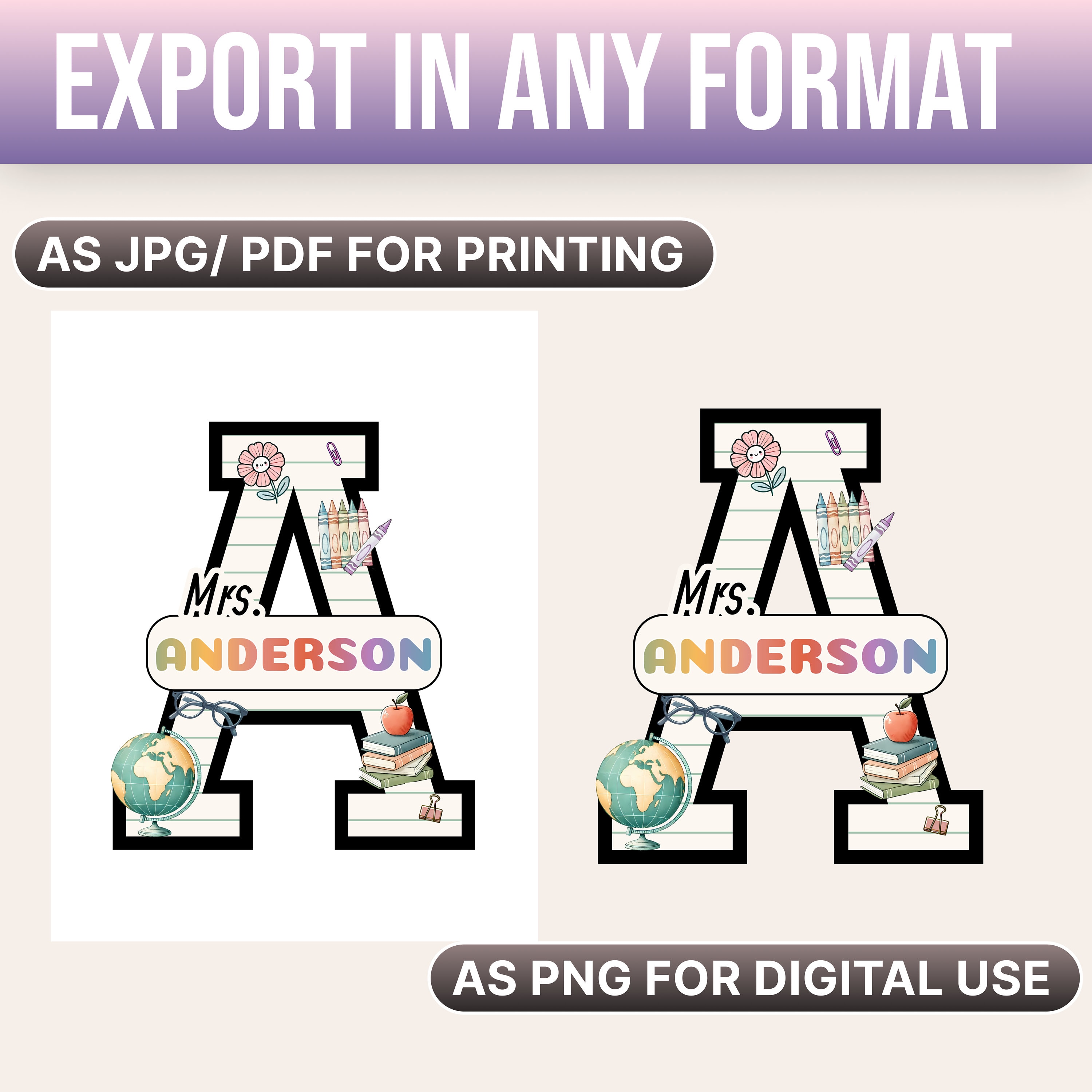 Personalized Teacher Door Sign Hanger, Printable Custom Teacher Name ...