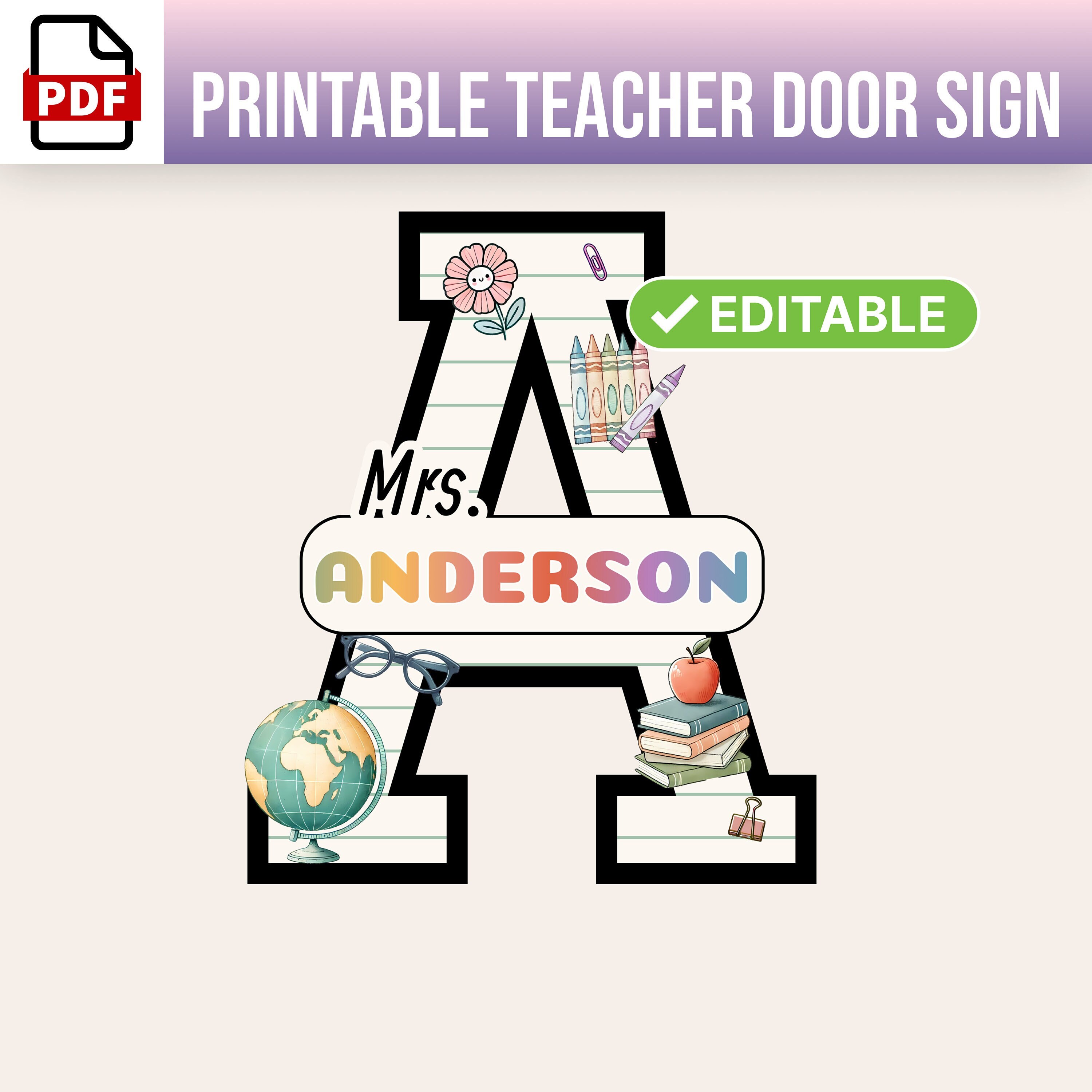 Personalized Teacher Door Sign Hanger, Printable Custom Teacher Name ...