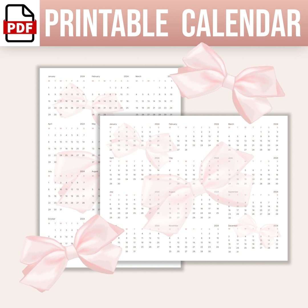 Coquette Bow Calendar 2024, Cute Mini Printable Calendar, Blank ...
