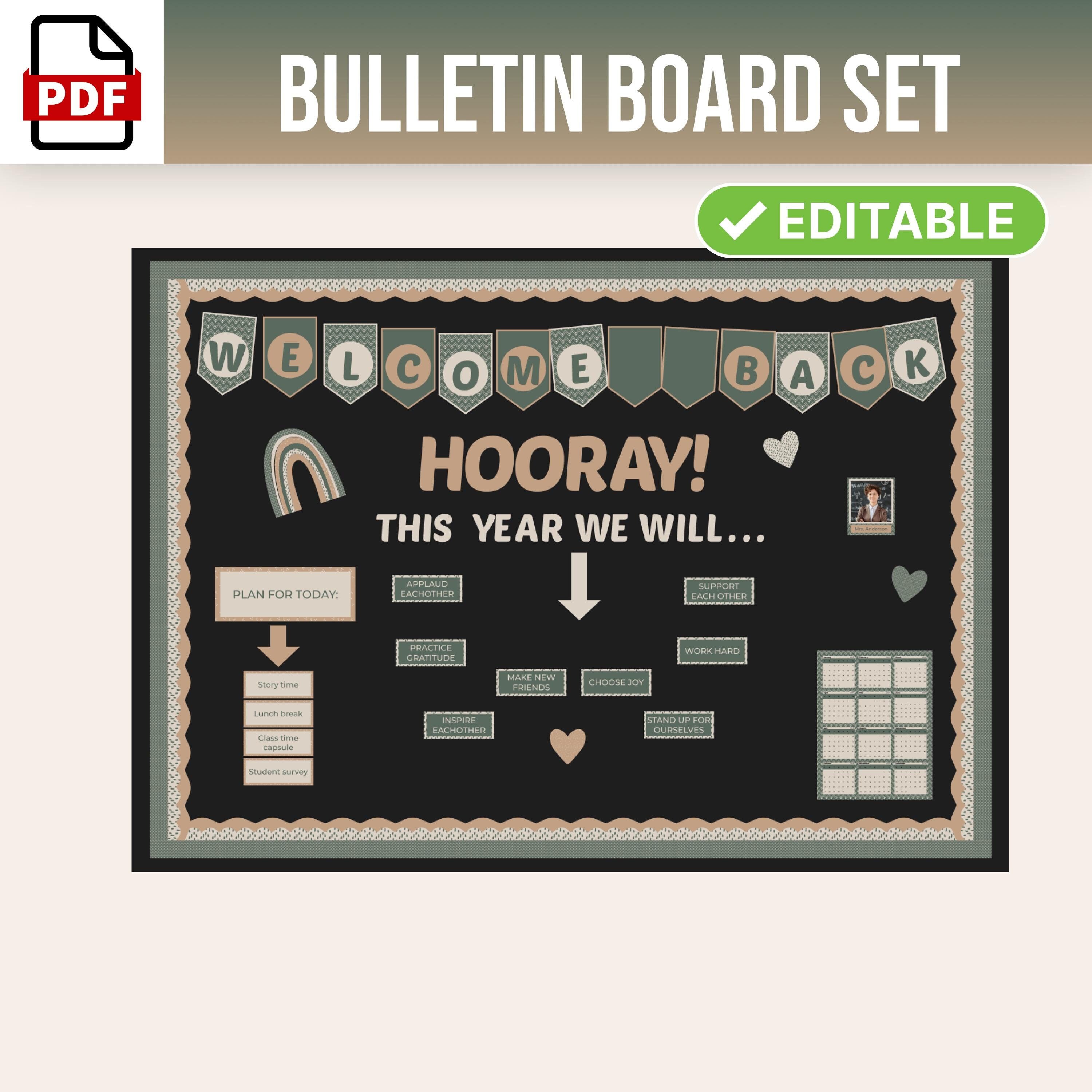 Printable Bulletin Board Set Green Boho Neutral Color Kit 2024 Calendar ...