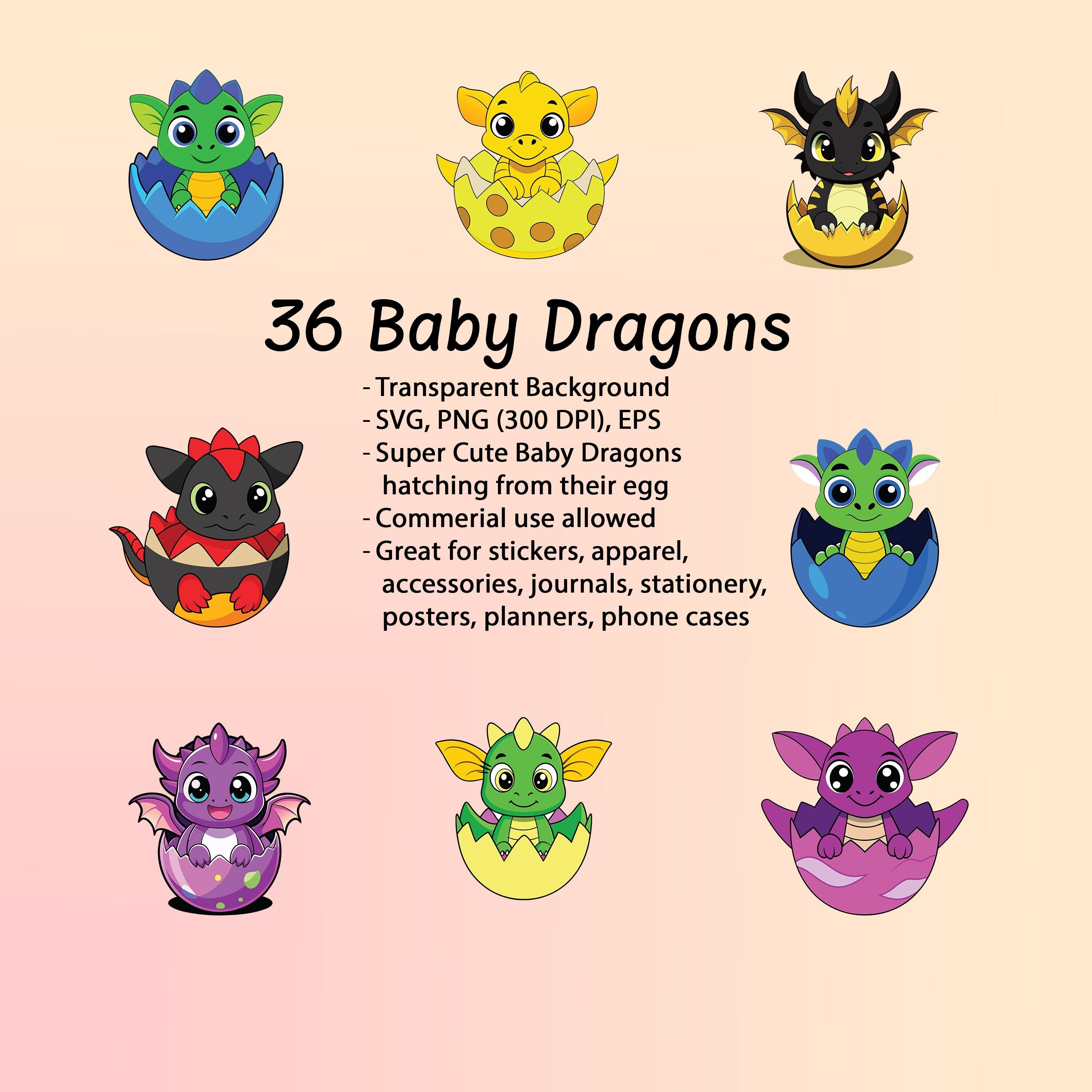 Hatching Cute Baby Dragon SVG, PNG Clipart Bundle. 36 Adorable Babies ...