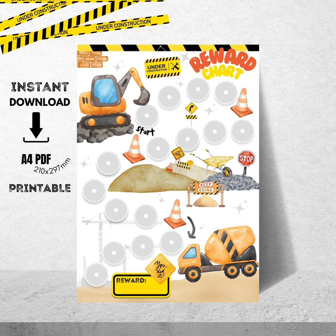 Construction Reward Chart | Kids Potty Chart | Instant| Kids Motivation ...