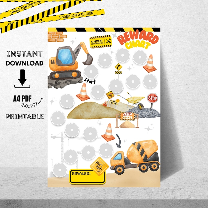 Construction Reward Chart | Kids Potty Chart | Instant| Kids Motivation ...