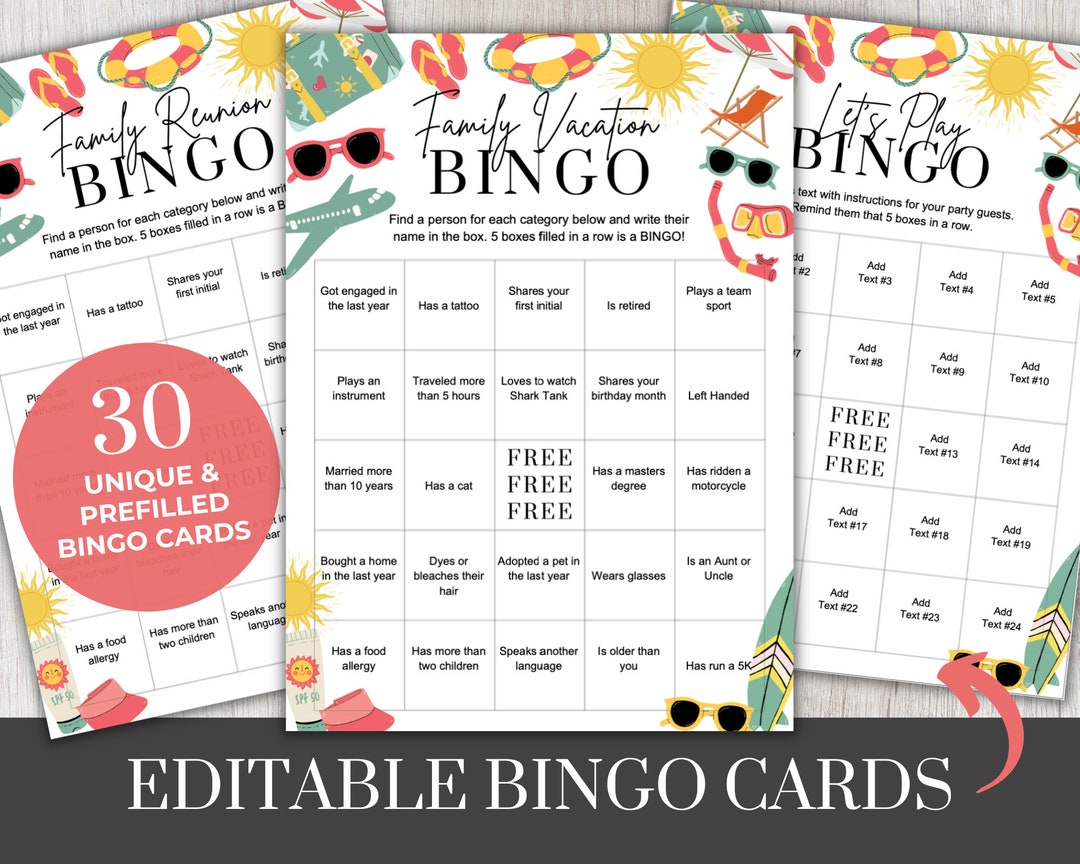 Editable Bingo Cards: Beach Vacation | Family Vacation | Family Reunion ...