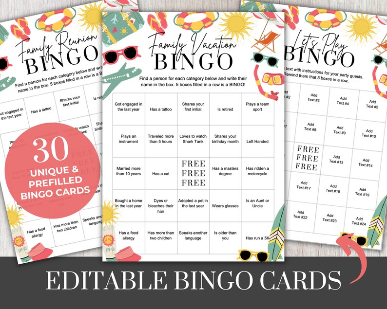 Editable Bingo Cards: Beach Vacation | Family Vacation | Family Reunion ...