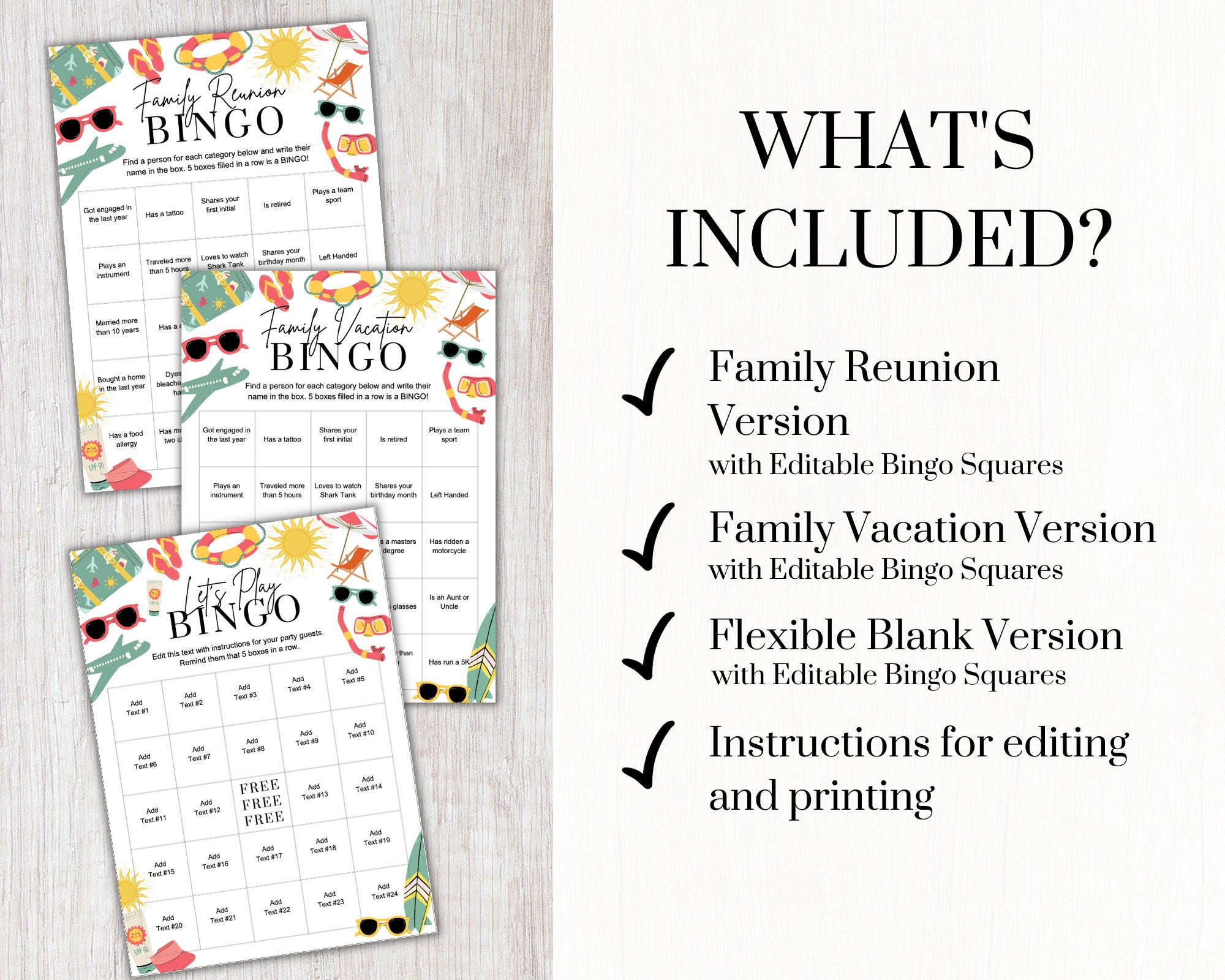 Editable Bingo Cards: Beach Vacation | Family Vacation | Family Reunion ...