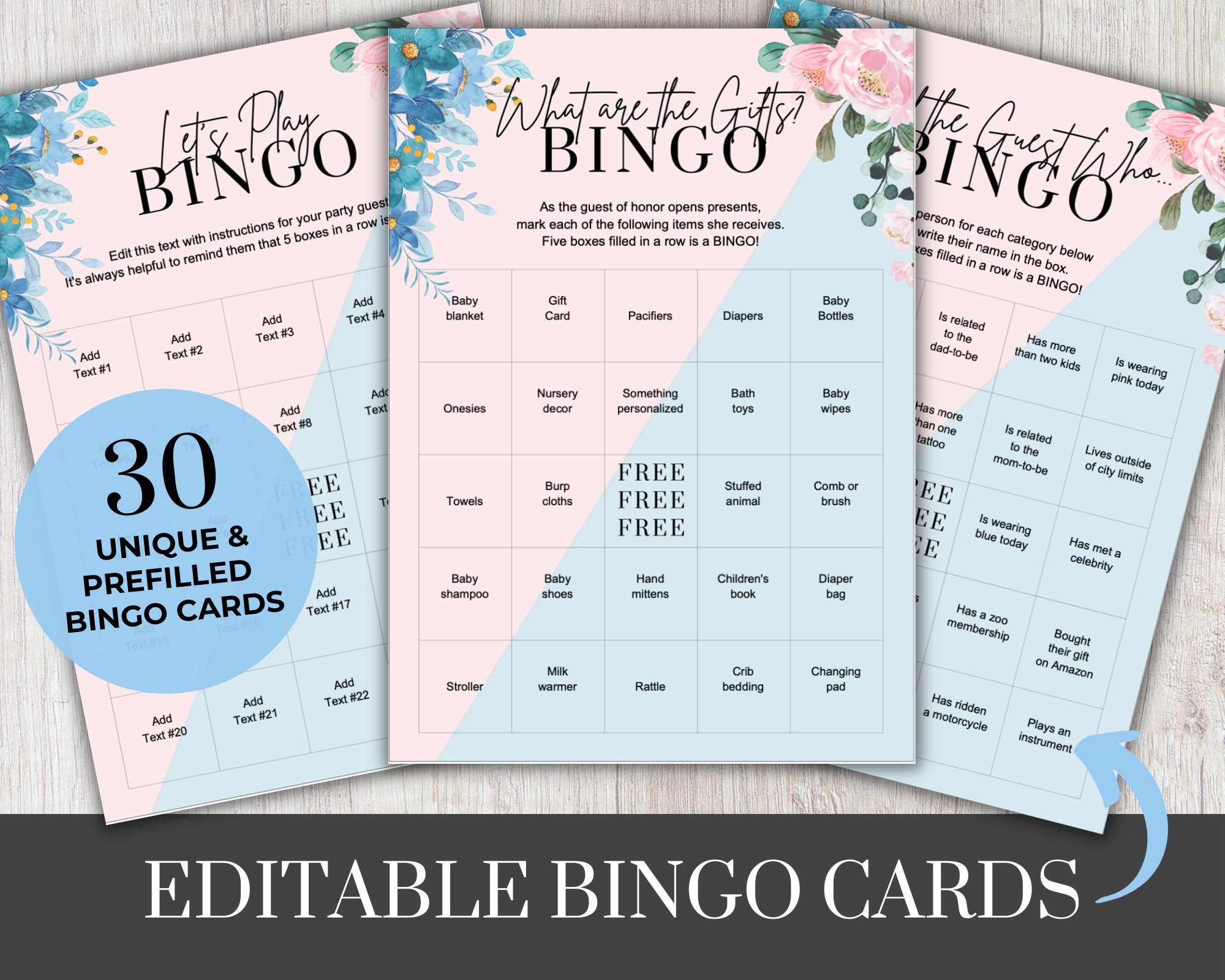 Editable Bingo Cards: Gender Reveal | Baby Shower | Birthday Party ...