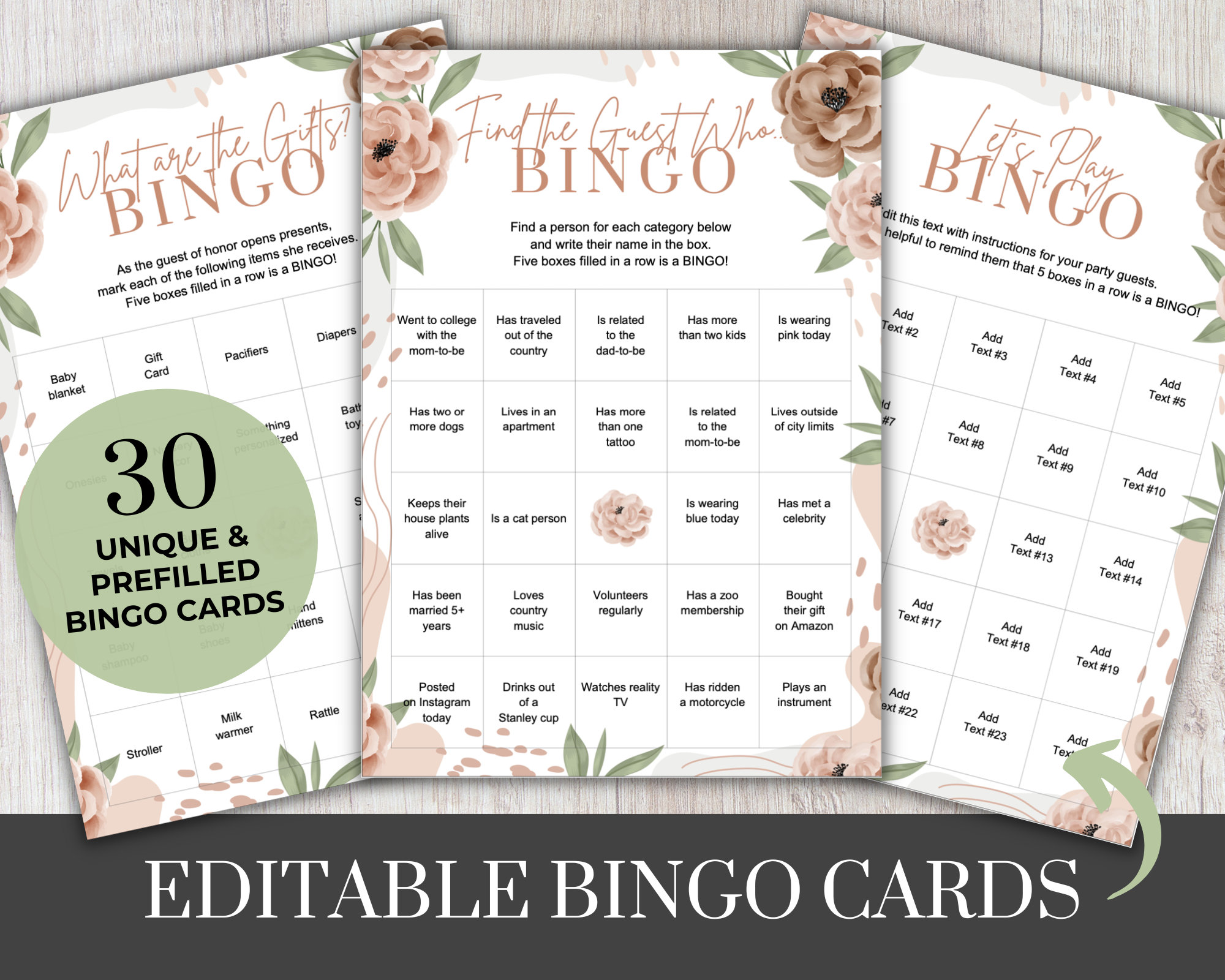 Editable Bingo Cards: Pink Boho Flower Baby Shower | Bridal Shower ...