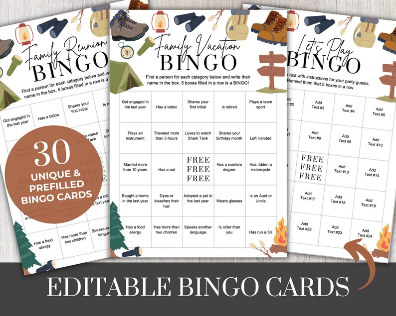 Editable Bingo Cards: Mountain Trip | Camping | Family Vacation ...
