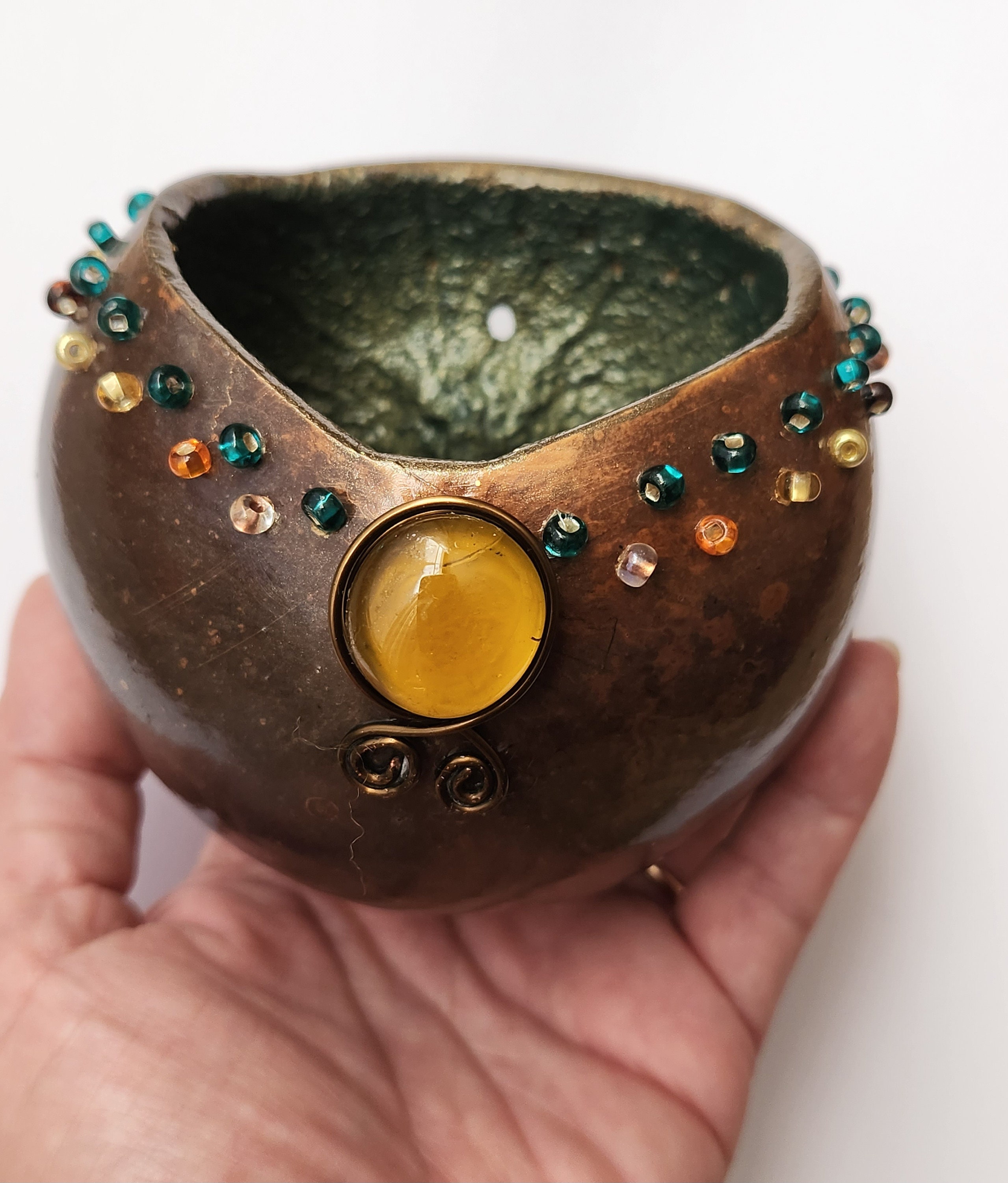 Hanging Gourd Pot Decorated With Green and Yellow Glass Beads. - Etsy