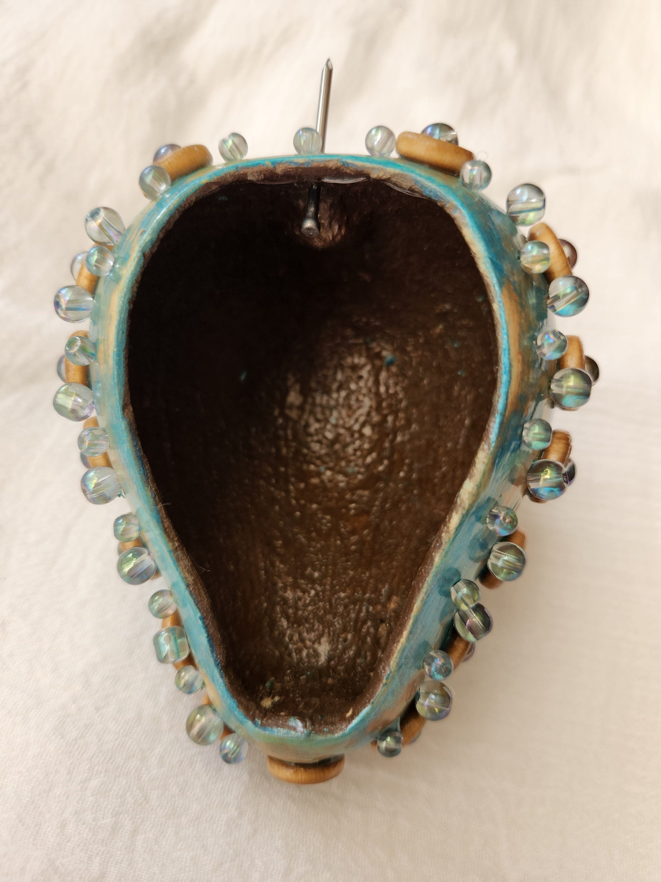 Hanging Gourd Pot Decorated With Teal Blue Glass Beads and Wooden Rings ...