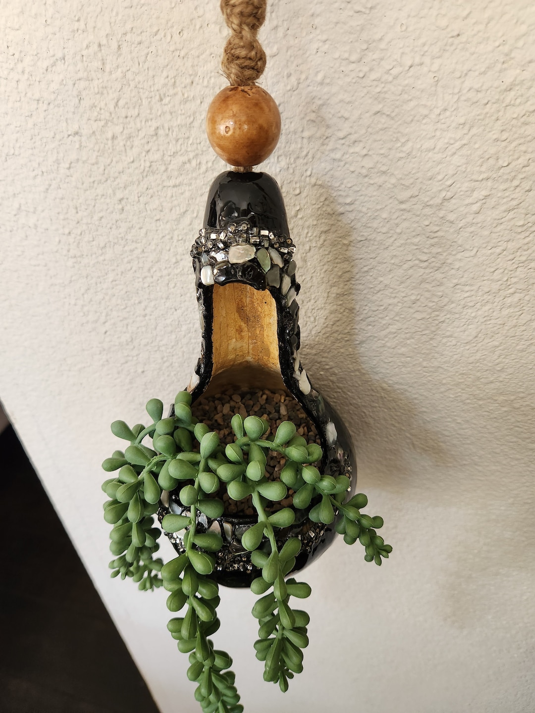 Hanging Gourd Pot Decorated With Shade of Black and Grey Glass Beads ...