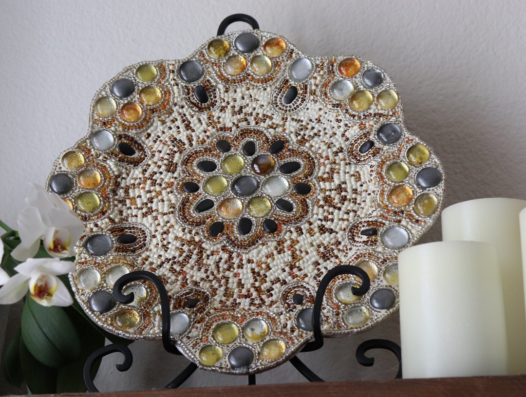 Handmade Beaded Plate: Decorative Glass & Stone Accent - Etsy