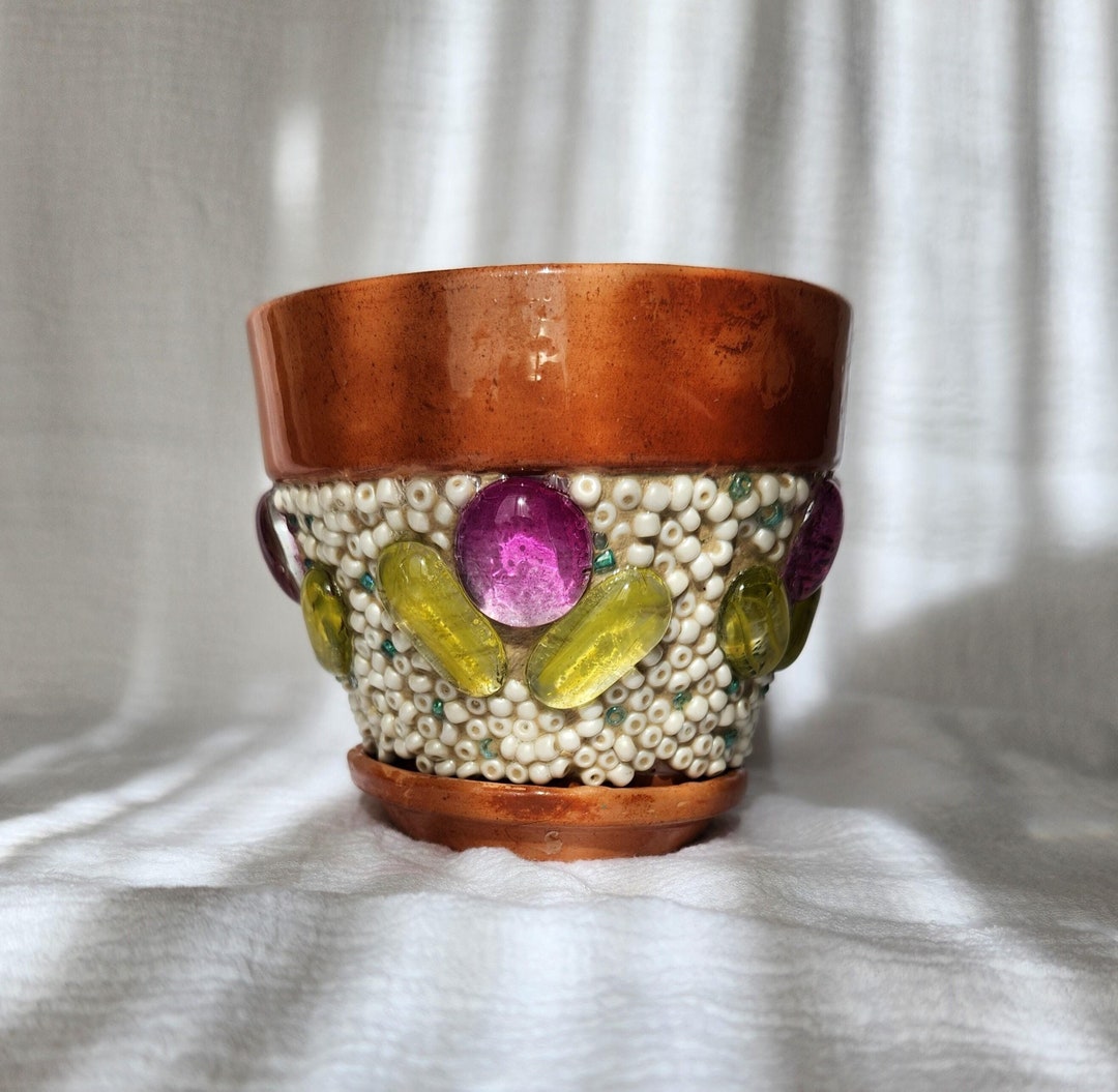 Beaded Terracotta Pot Using Pink, Yellow, Beige and Green Glass Beads ...
