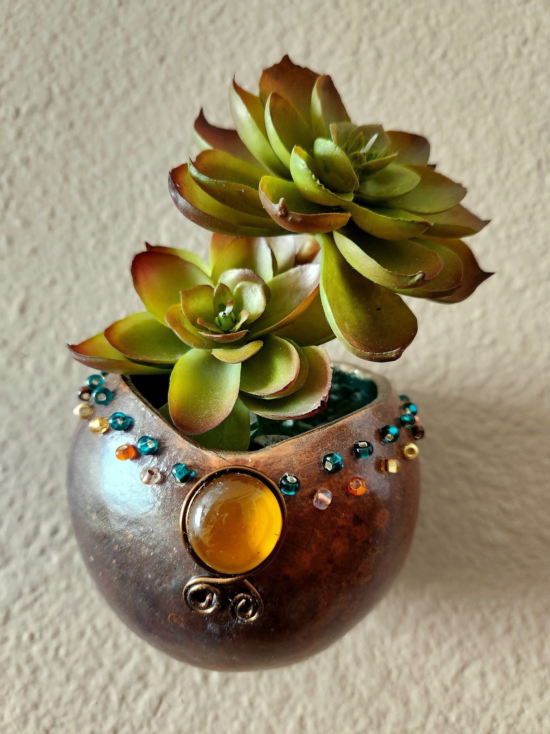 Hanging Gourd Pot Decorated With Green and Yellow Glass Beads. - Etsy