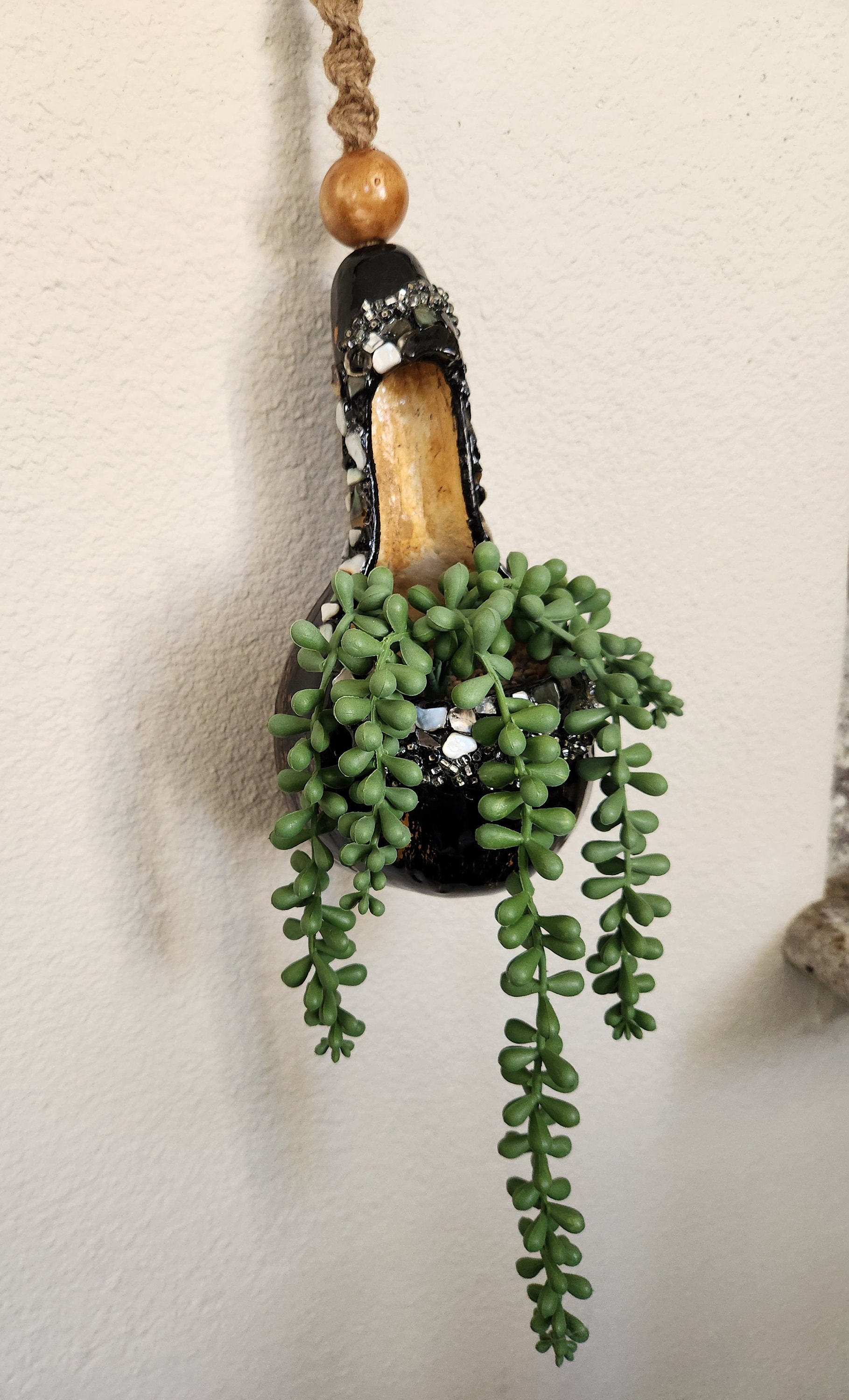 Hanging Gourd Pot Decorated With Shade of Black and Grey Glass Beads ...