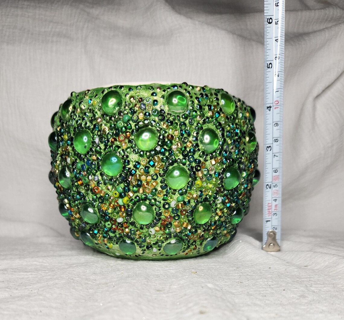 Beaded Pot Decorated by Using a Variety of Green Glass Beads. - Etsy