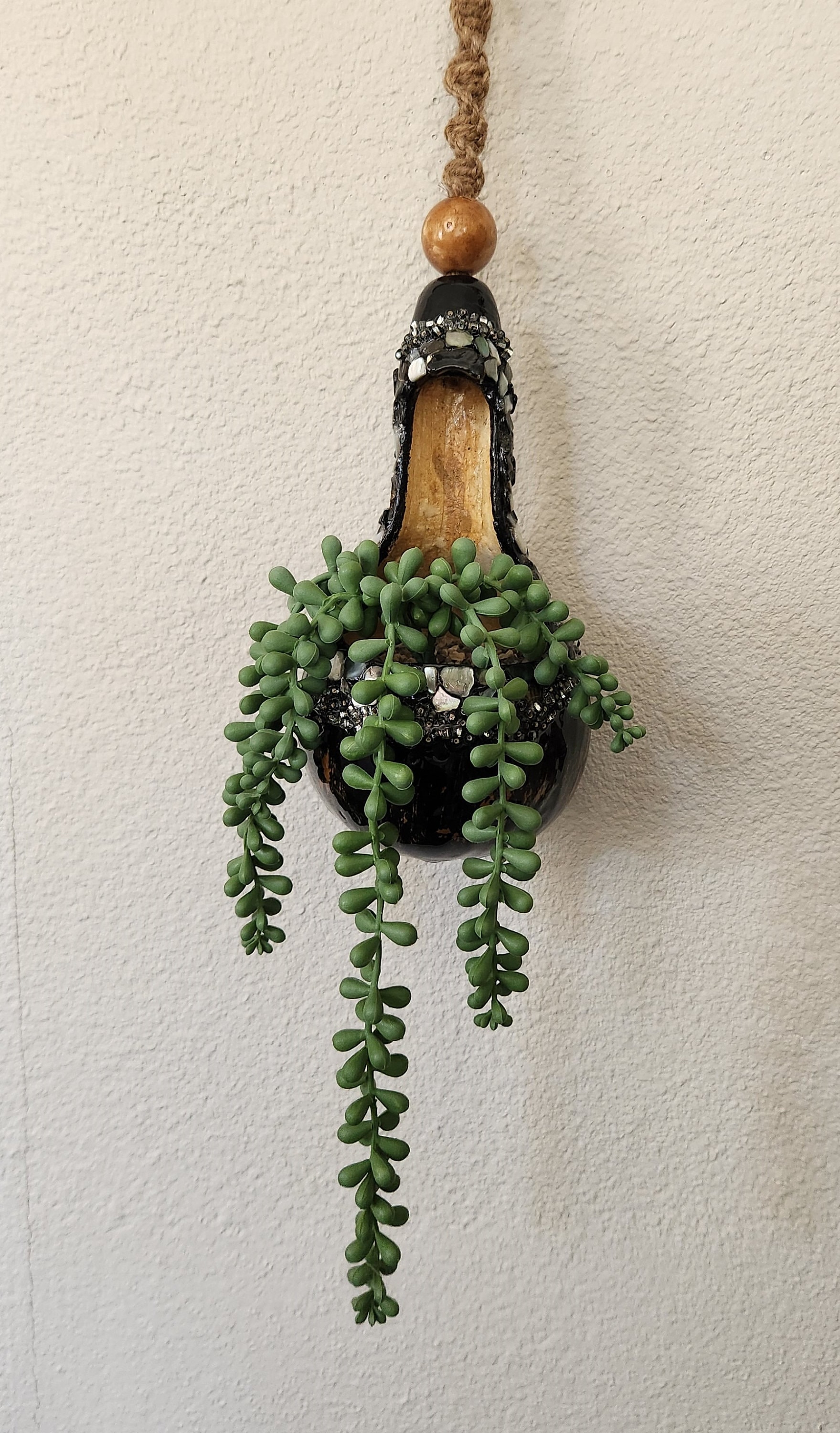 Hanging Gourd Pot Decorated With Shade of Black and Grey Glass Beads ...