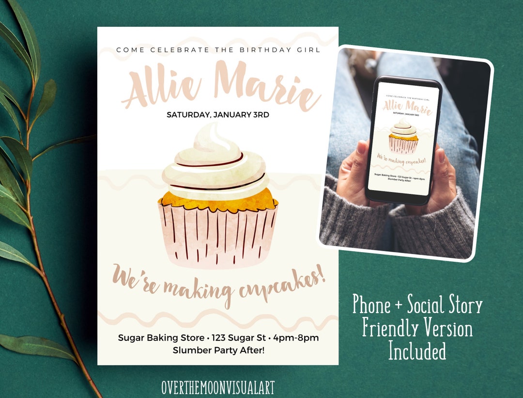 Custom Soft Girl Birthday Party Invitation Cupcake Themed Sweets Invite ...